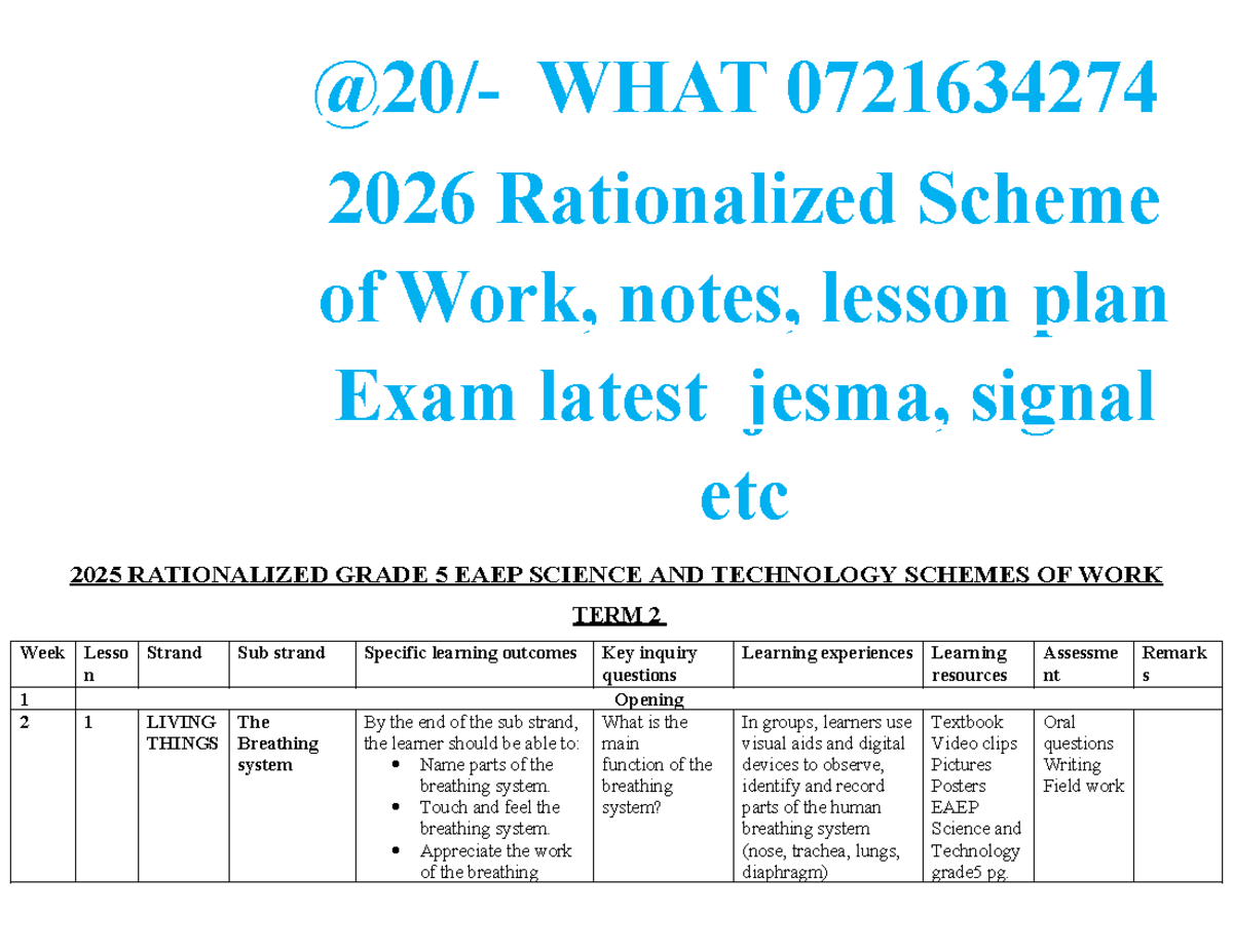 EAEP 0721634274 Grade 5 Science & Technology Term 2 Schemes of Work ...