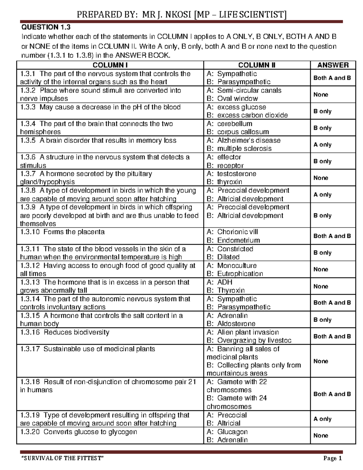 2020 Match Column EXAM MEMO P1 - Answers and Explanations - Studocu