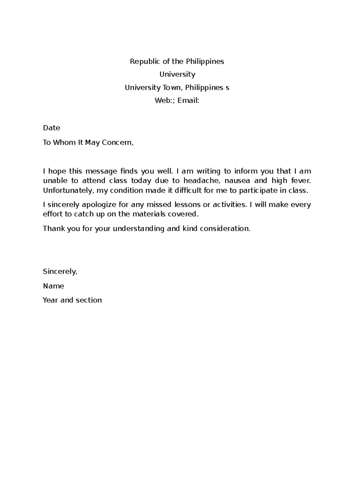 Excuse Letter sample - Republic of the Philippines University ...