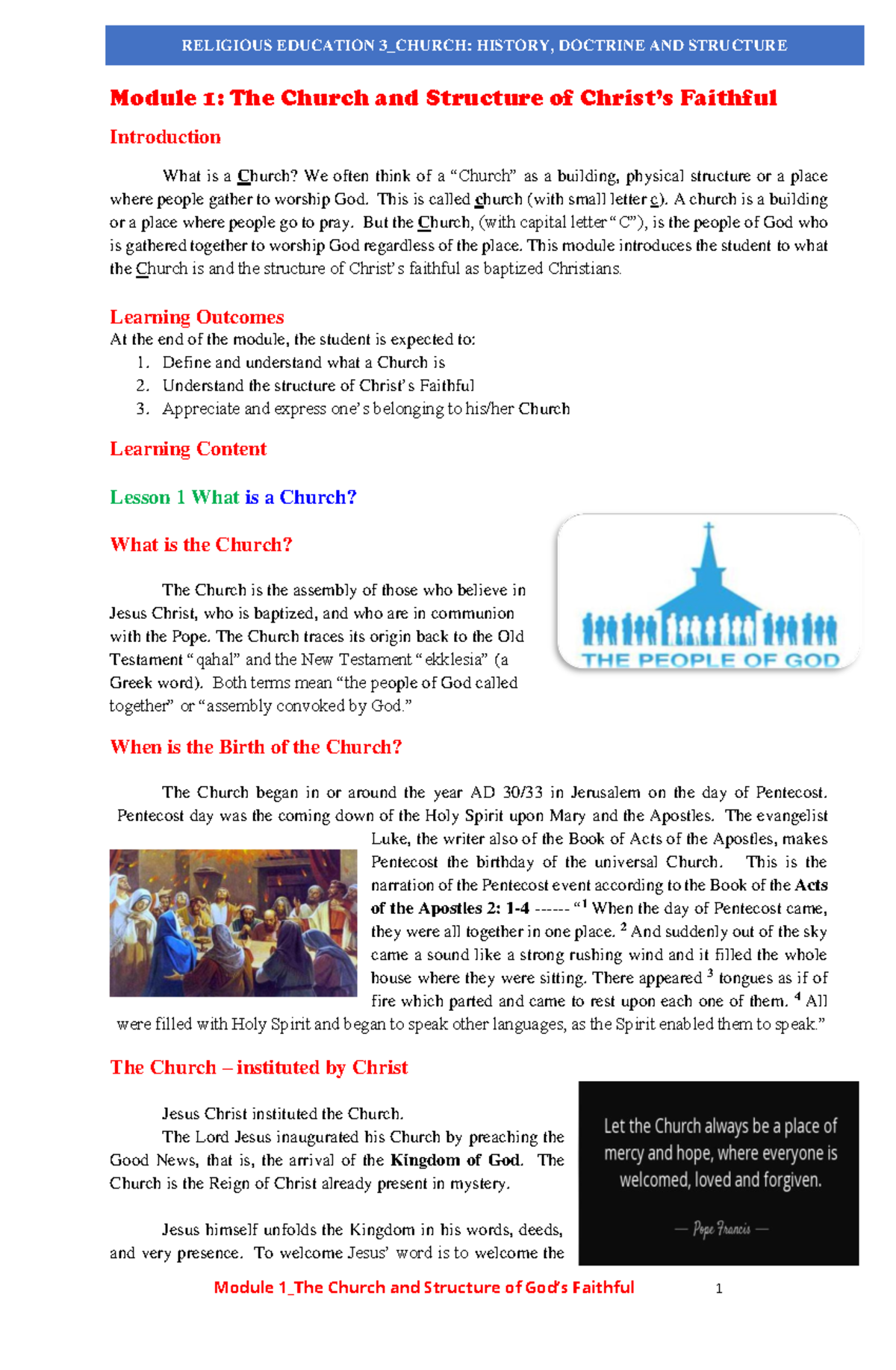 RE-3 Module 1: Structure and Role of Christ's Faithful - Studocu