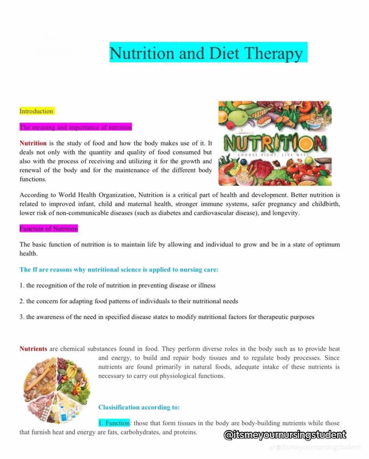 NUTRITION AND DIET THERAPY: Importance and Functions of Nutrients - Studocu