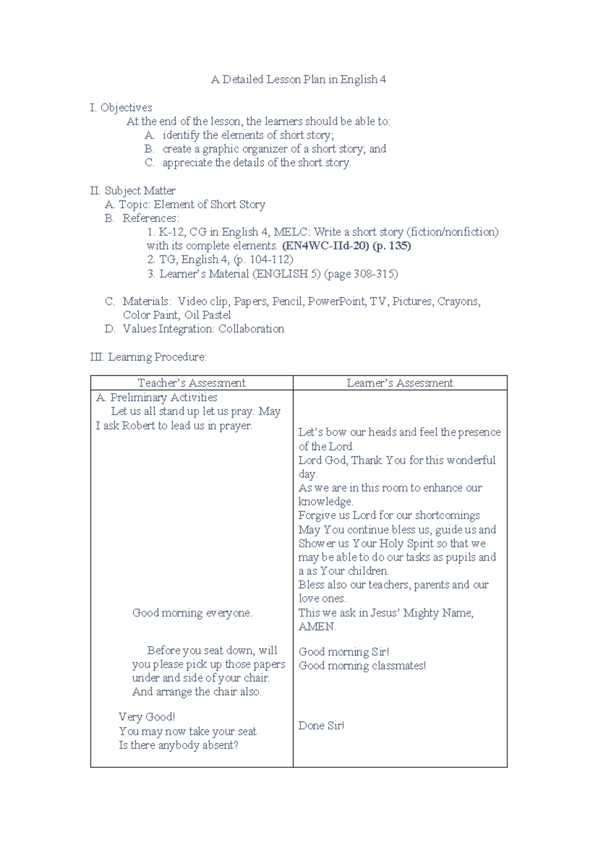 Eng. Lit Lesson Plan: Elements of Short Story (EN4WC-IId-20) - Studocu