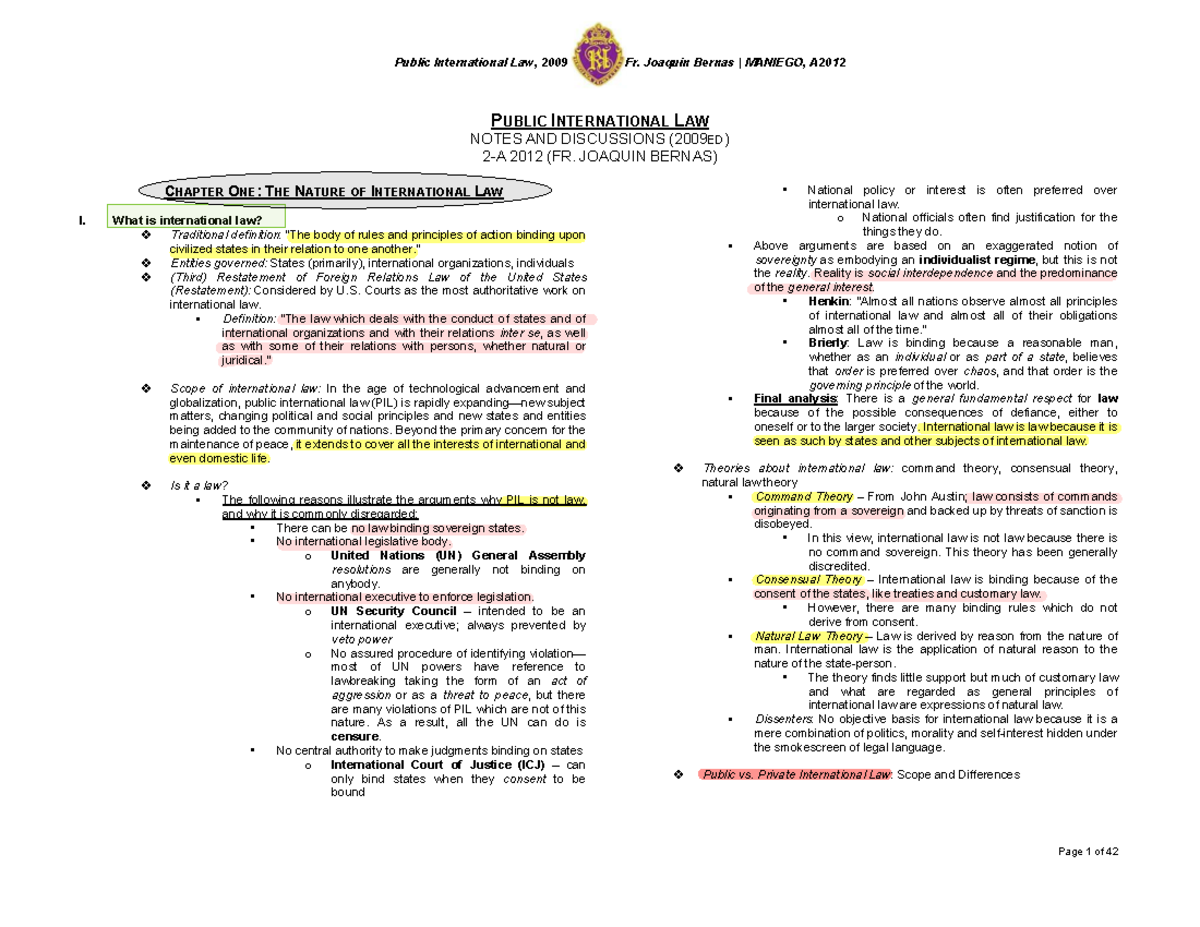 PIL A2012: Comprehensive Notes on Public International Law by Fr ...