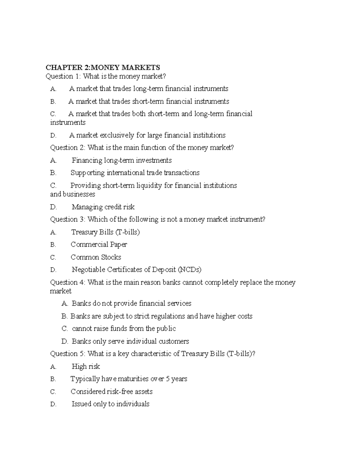 CHAPTER 2 & 3: MONEY & BOND MARKETS MCQs (TTTC-DCTC) - Studocu