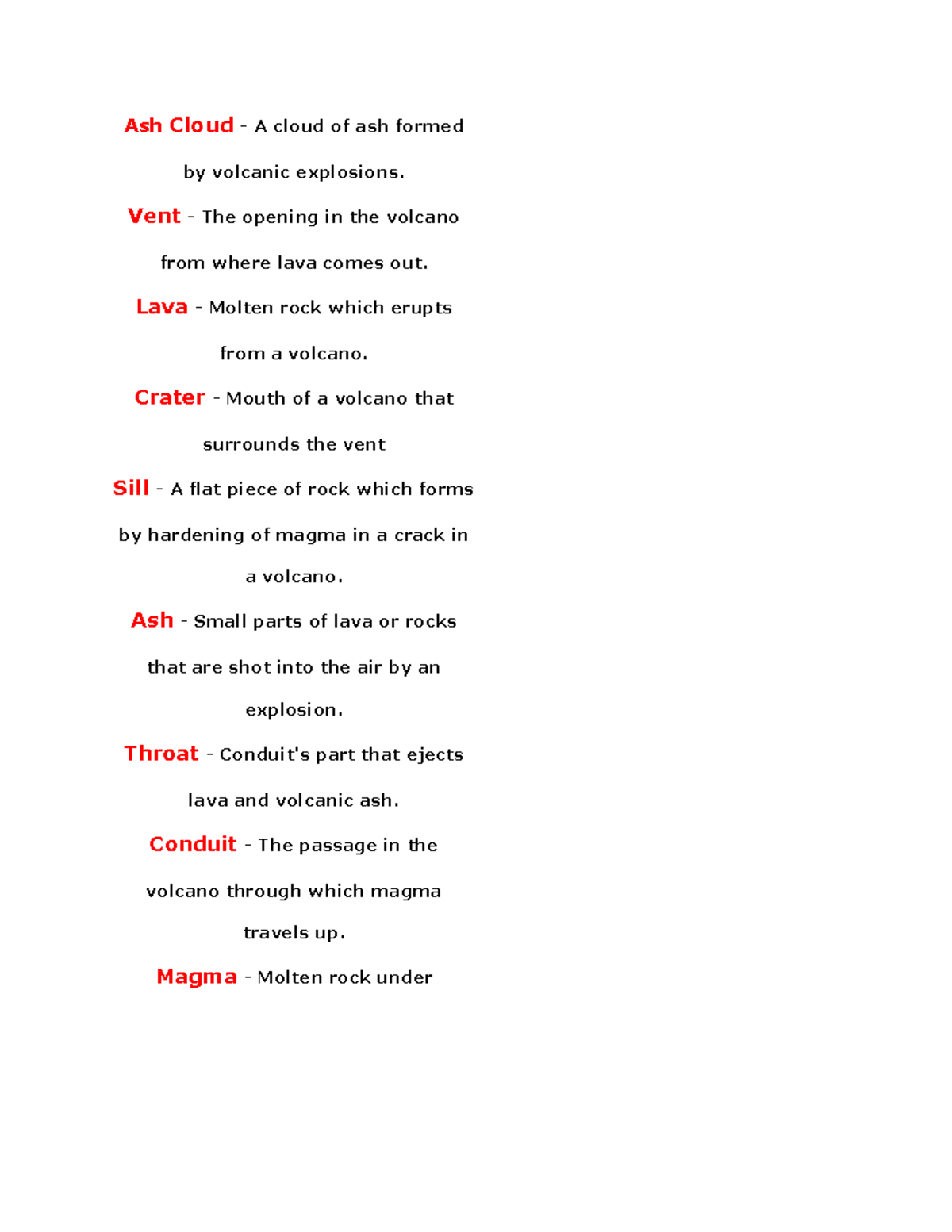 Untitled document - Parts of volcano - Ash Cloud - A cloud of ash ...