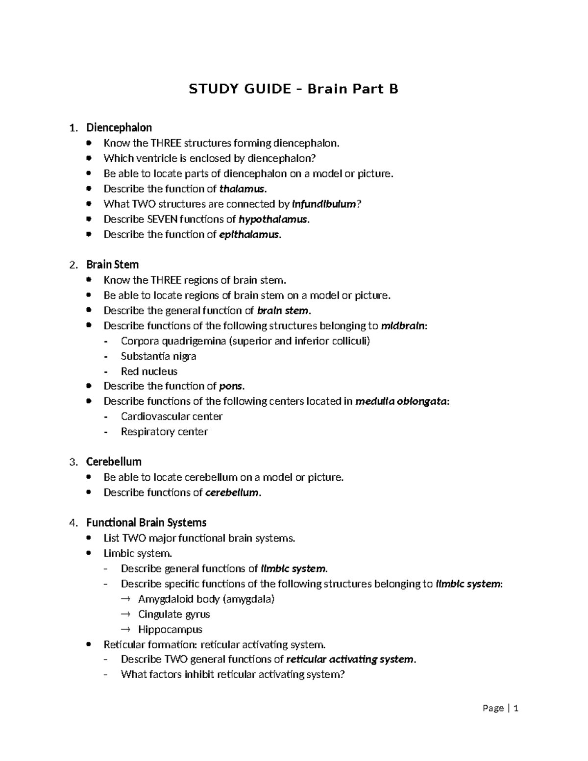 Neuroscience Study Guide: Brain Anatomy and Functions (Course Code ...