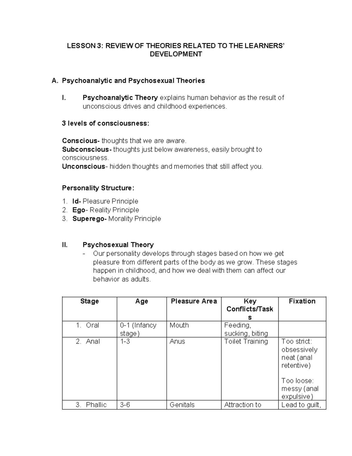 Lesson 3: Theories of Development in Facilitating Learner-Centered ...