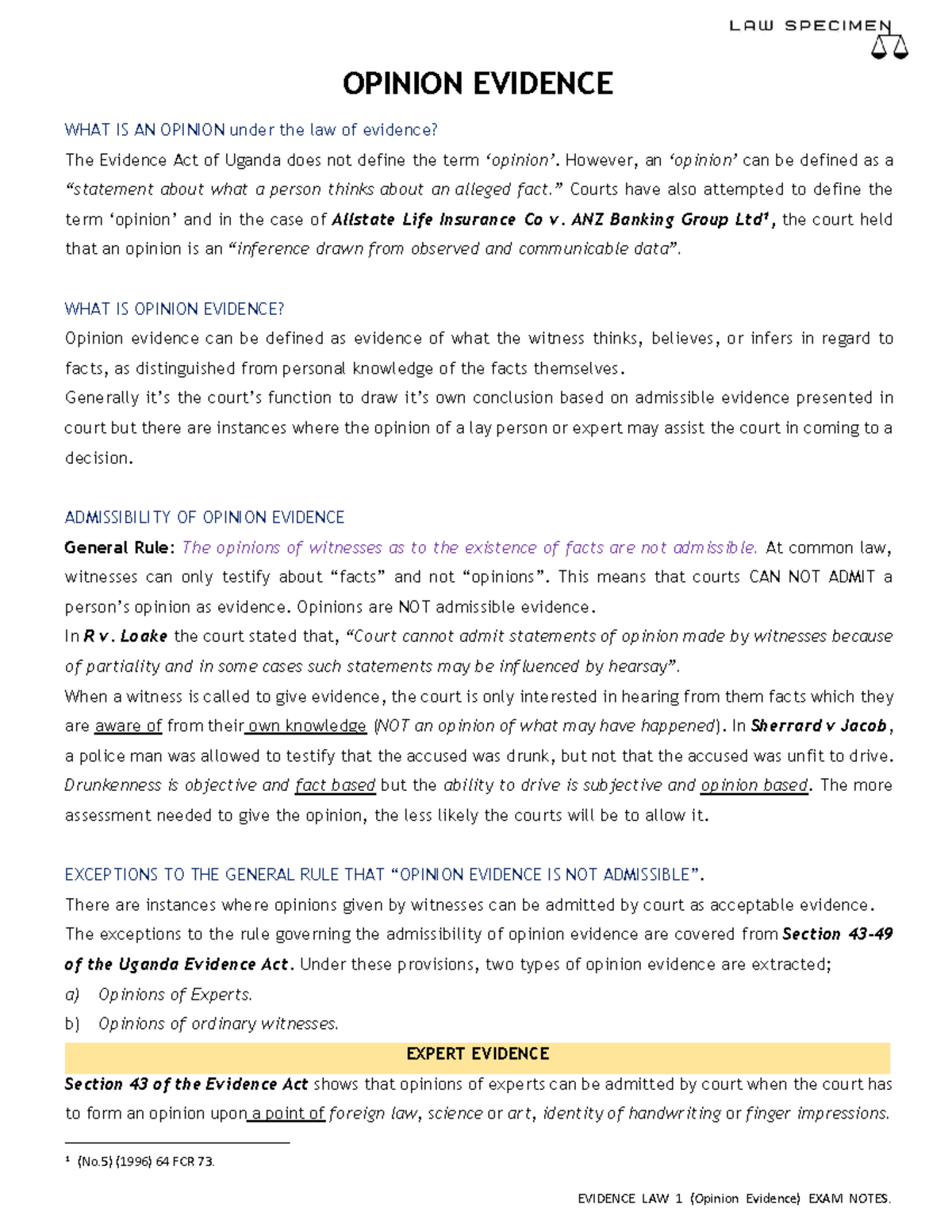 Opinion Evidence Explained - UG Evidence Law - Grade: A - Studocu