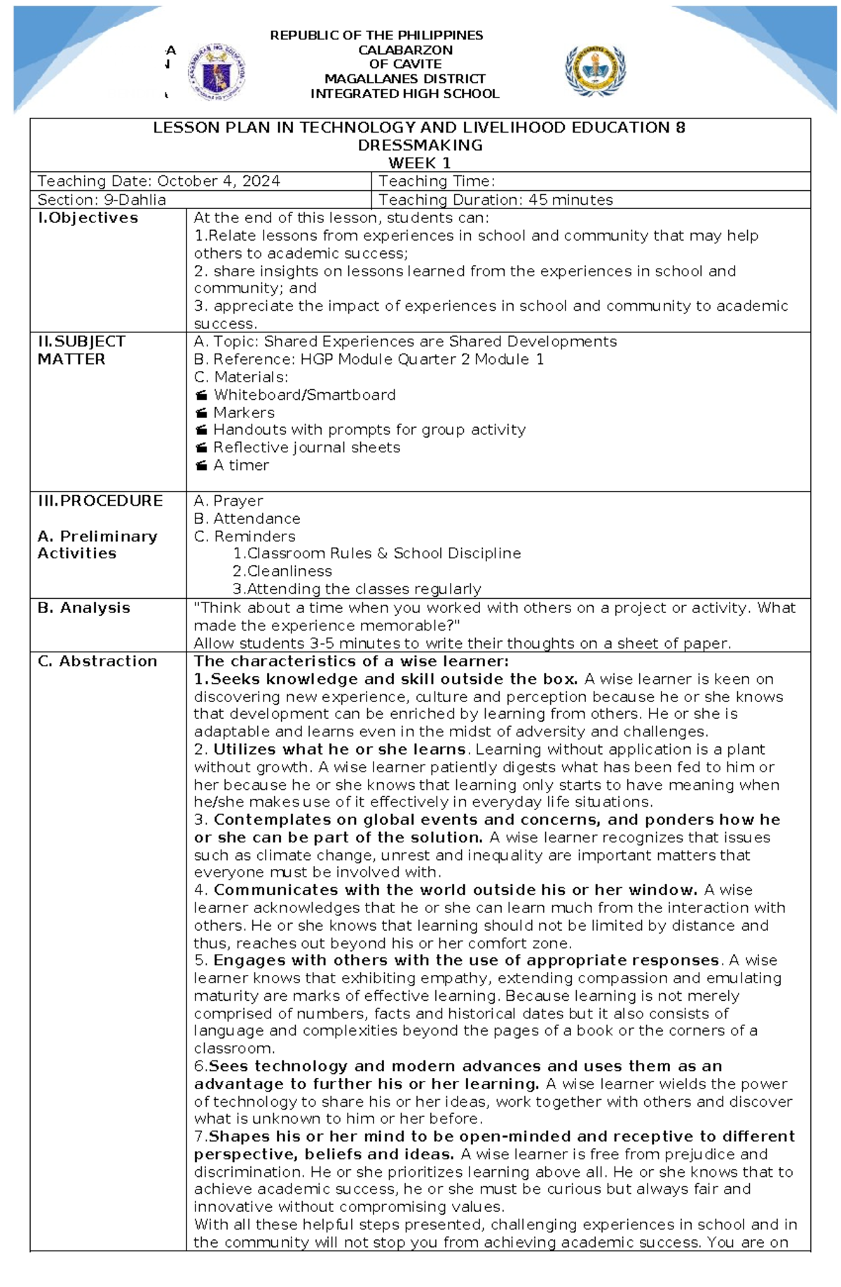 OctOBER LESSON PLAN - REPUBLIC OF THE PHILIPPINES REGION 4A CALABARZON ...