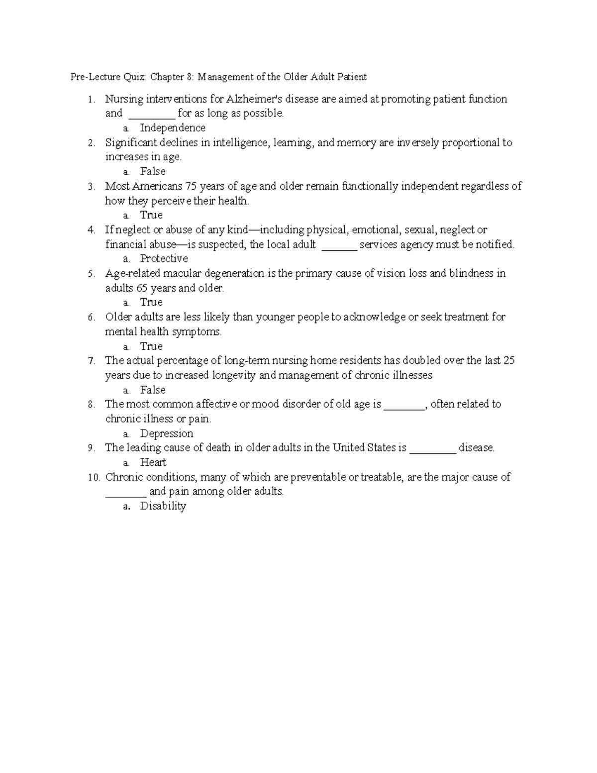 Pre-Lecture Quiz: Ch. 8 Management of Older Adults in Nursing - Studocu