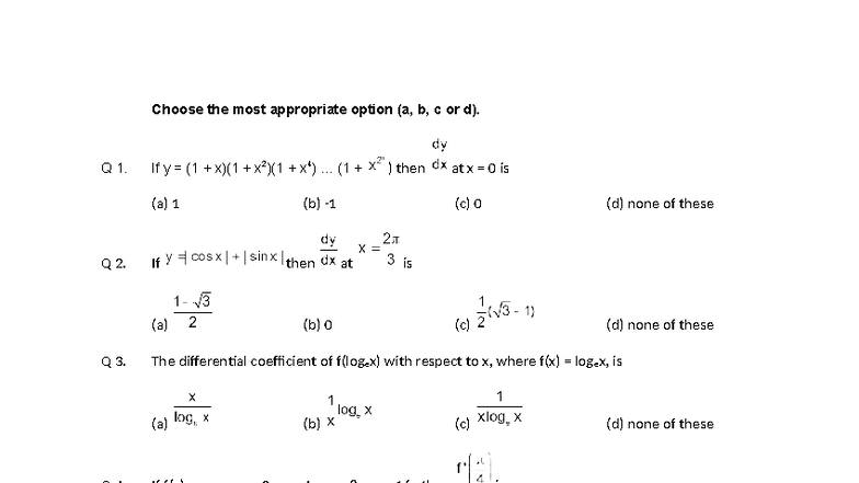 Differential Coefficient Questions - 02 Math Exam - Studocu