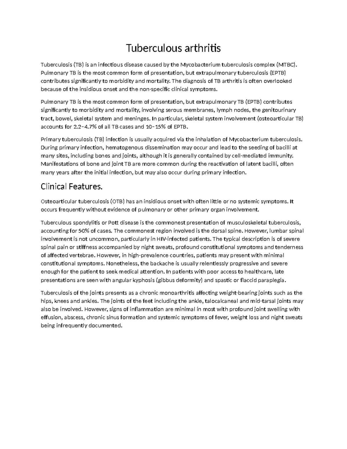 Tb - axax - Tuberculous arthritis Tuberculosis (TB) is an infectious ...