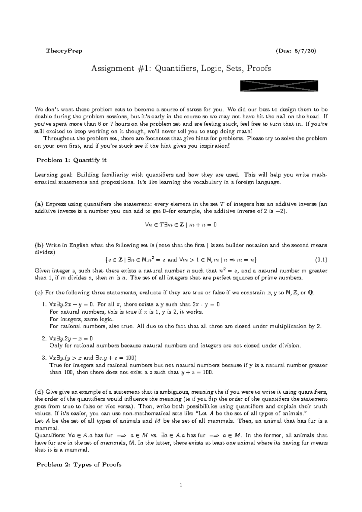 TheoryPrep: Assignment on Quantifiers, Logic, Sets, and Proofs - Studocu