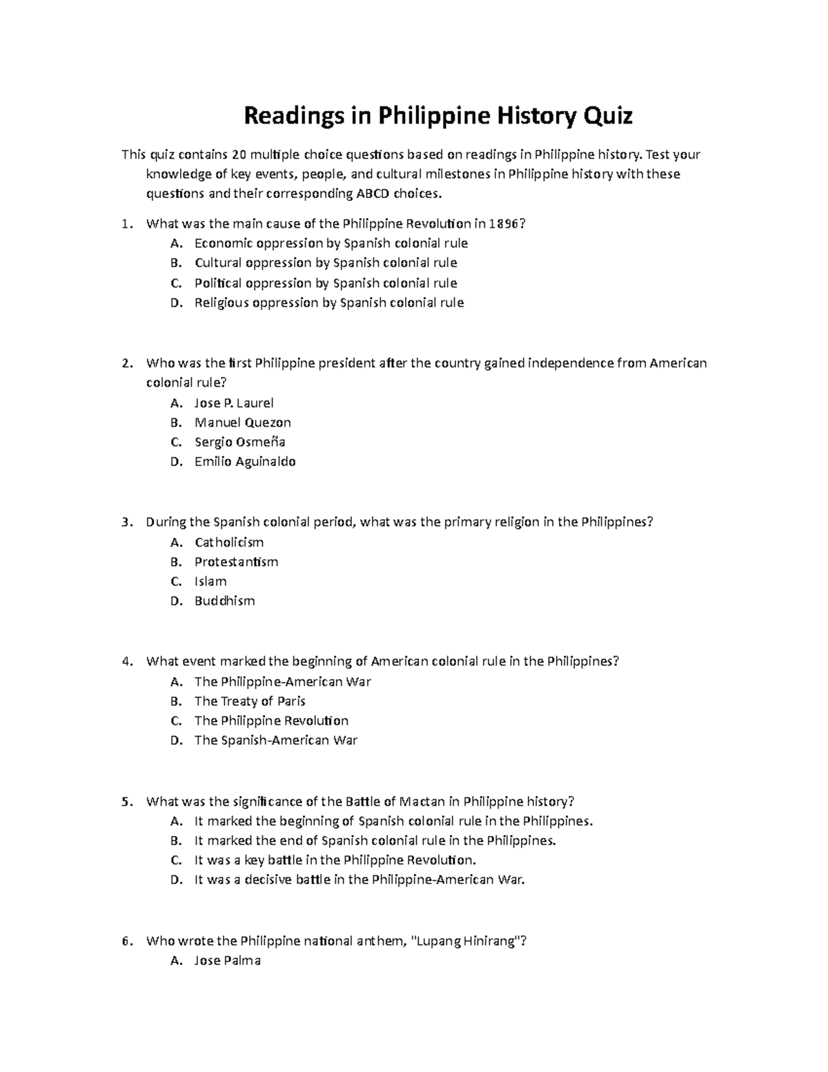 Philippine History Readings Quiz (20 Questions) - Studocu