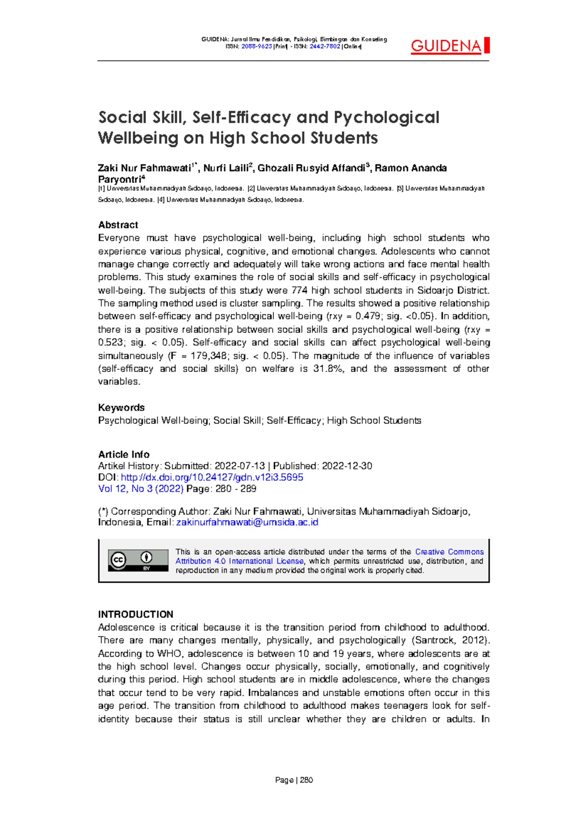 Social Skills, Self-Efficacy, and Psychological Wellbeing in High ...