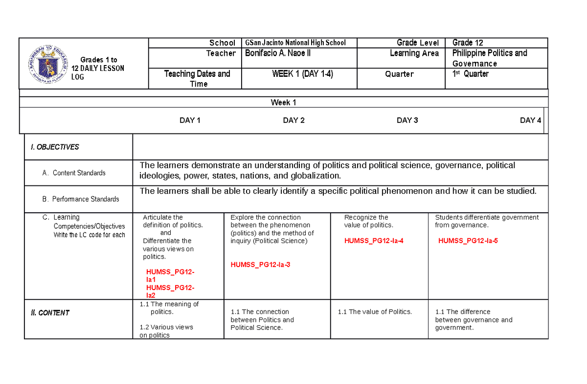 PPG12 Lesson Plan: Fundamentals of Politics and Governance - Studocu