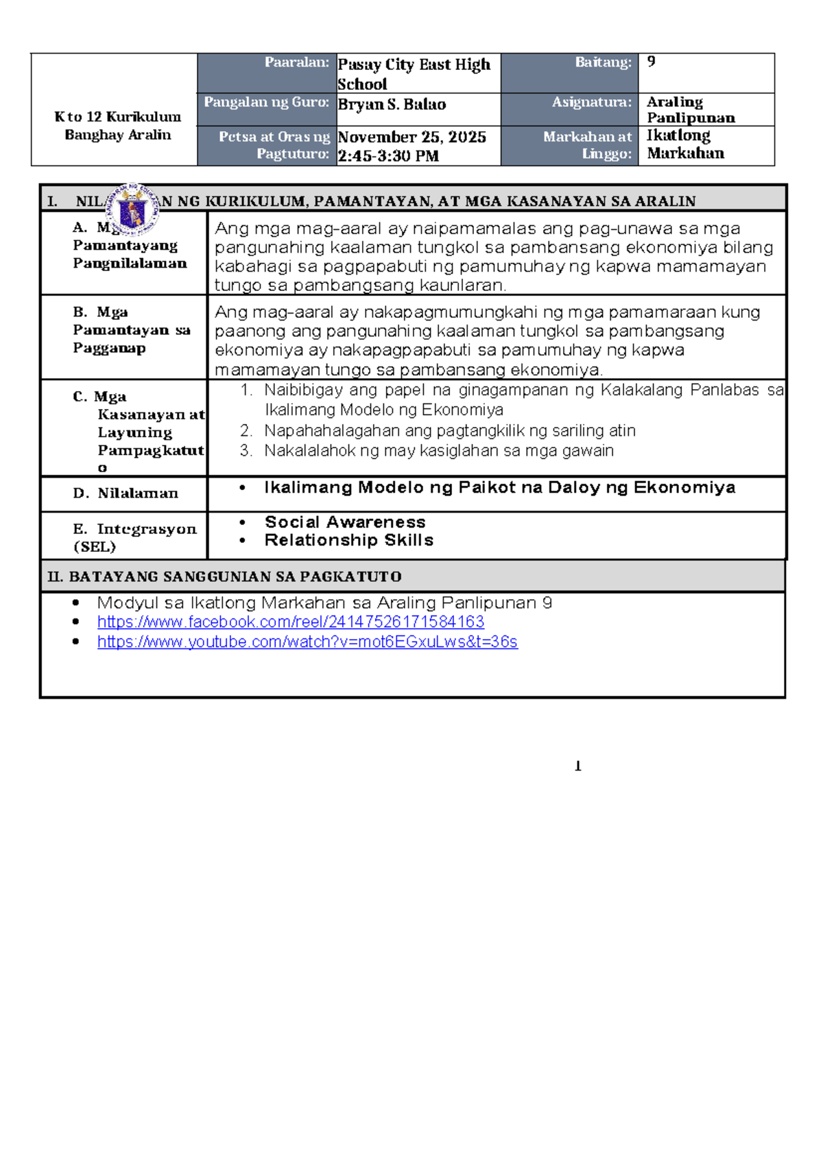 Baitang 9: Araling Panlipunan Demo Lesson Plan 2 - AP LP - Studocu
