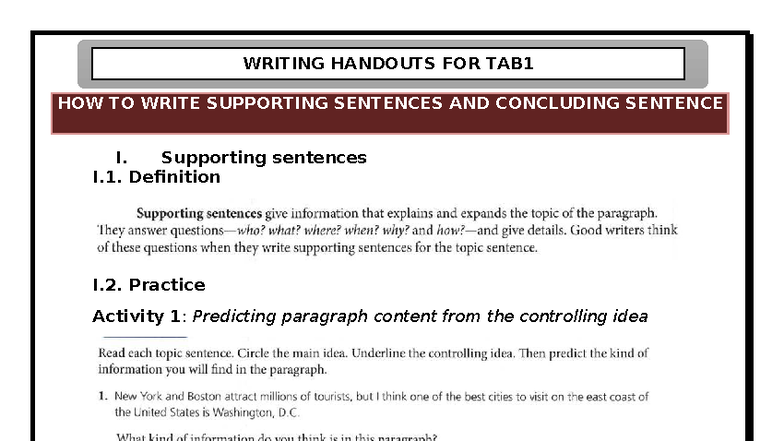 TAB1 Writing Handout: Supporting & Concluding Sentences Guide - Studocu