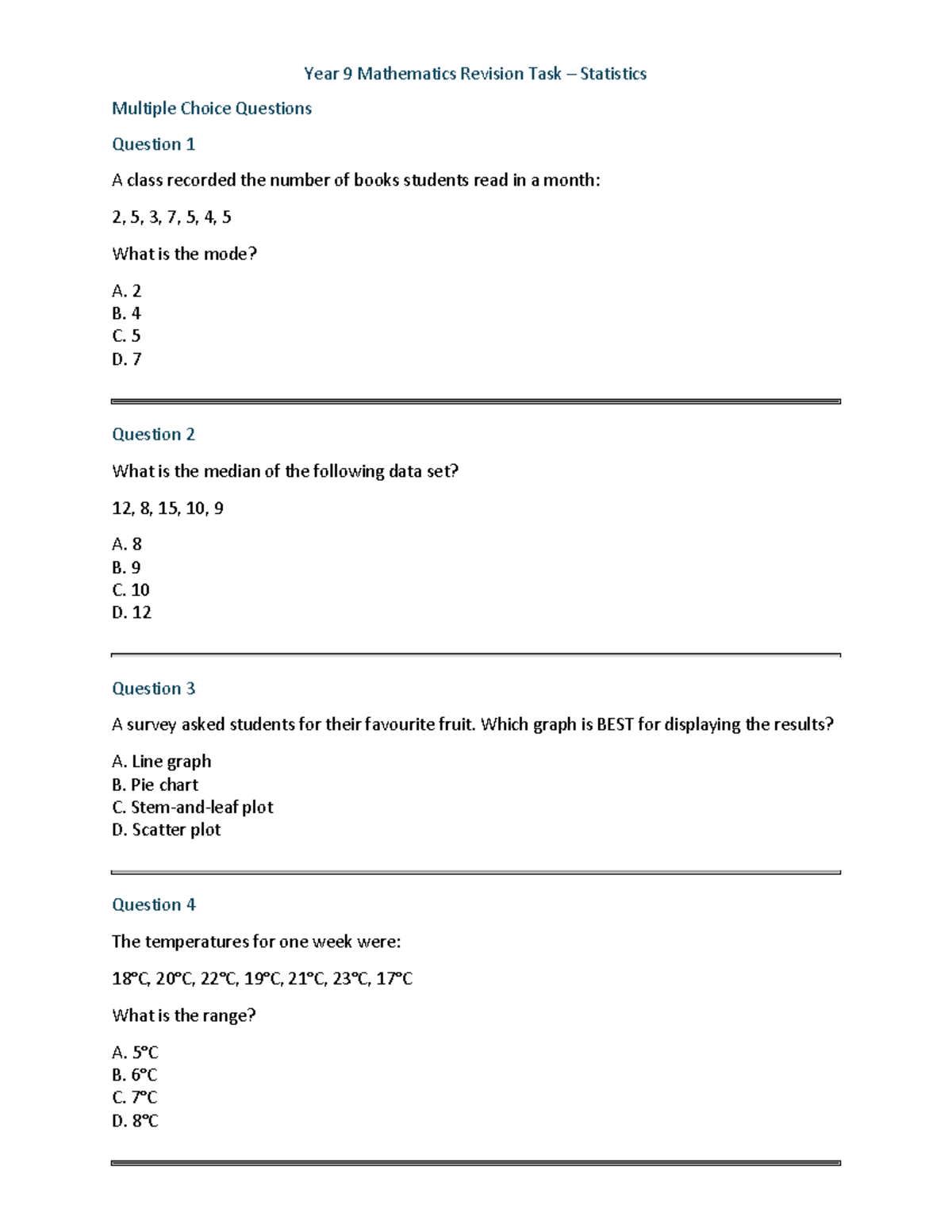 Year 9 Mathematics Revision Task: Statistics, Measurement & Algebra ...