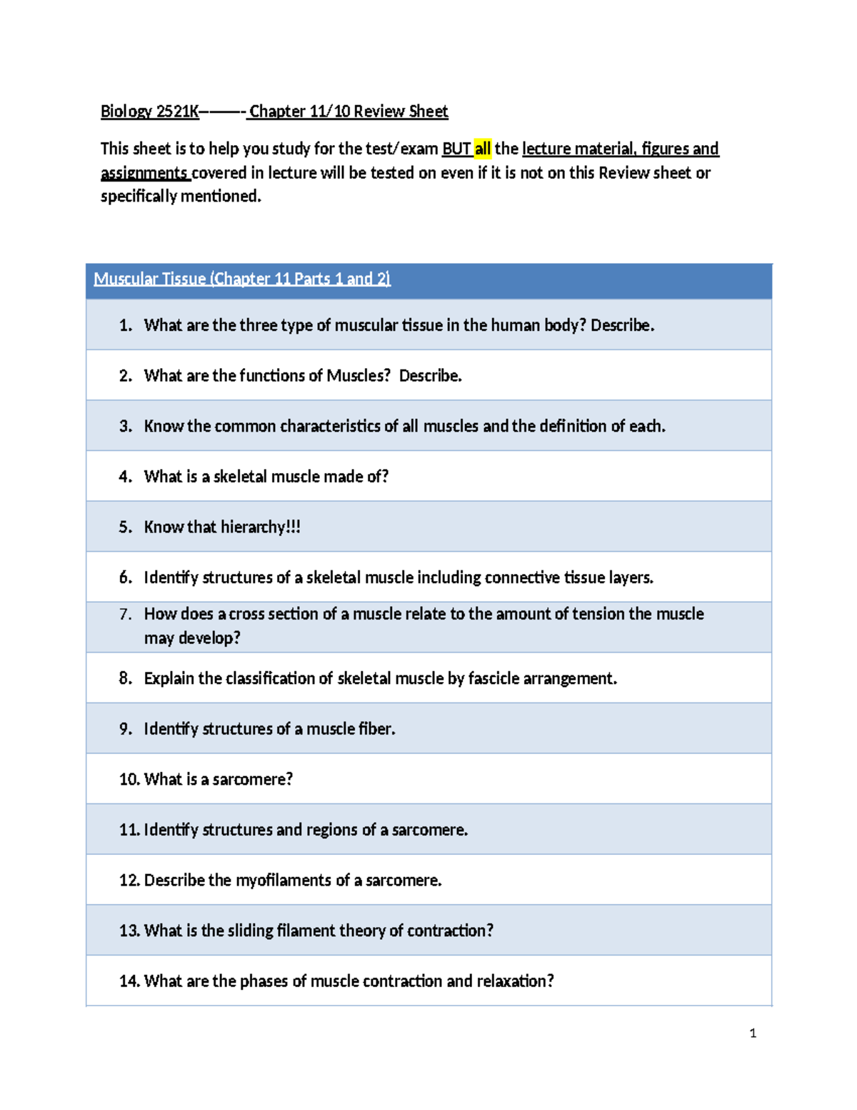 Biology 2521K Chapter 11 Muscular Tissue Study Guide - Studocu