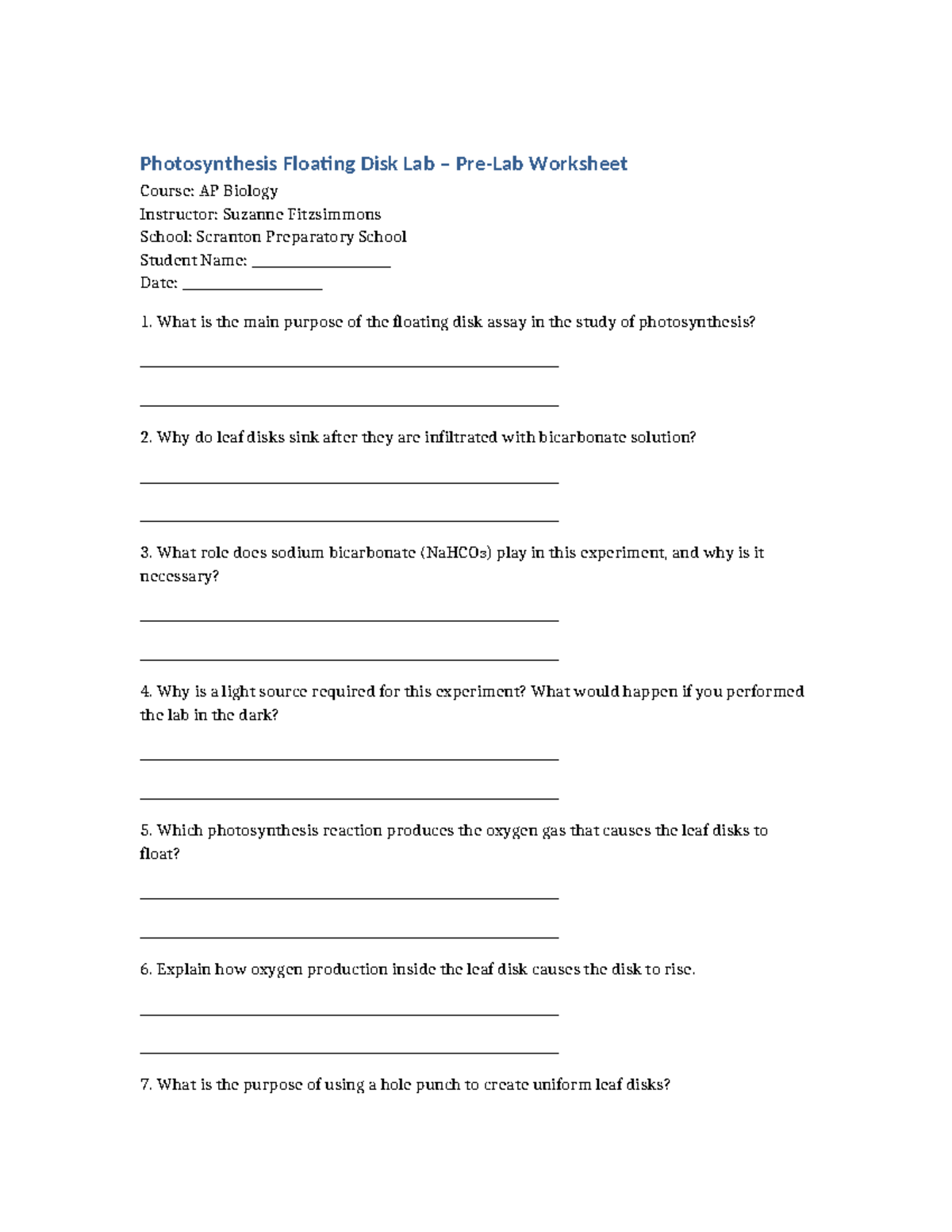 AP Biology: Photosynthesis Floating Disk Pre Lab Worksheet - Studocu