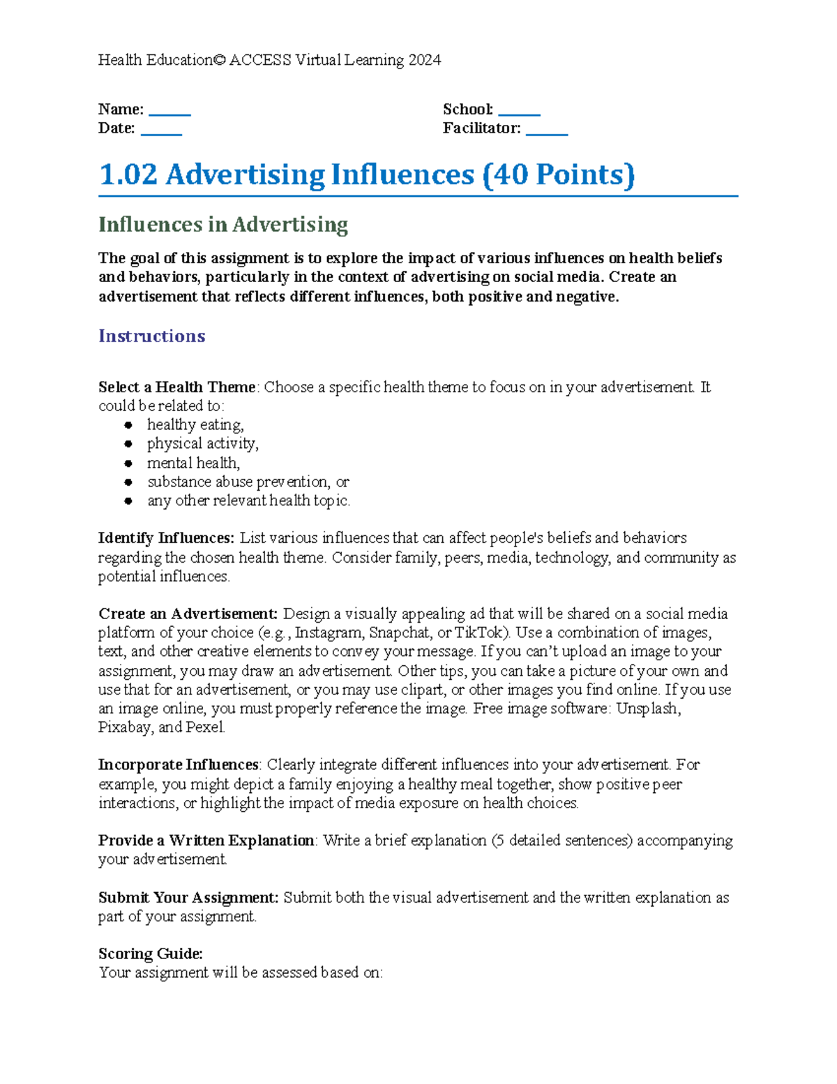 Health ACCESS 2024: Advertising Influences Assignment Guide - Studocu