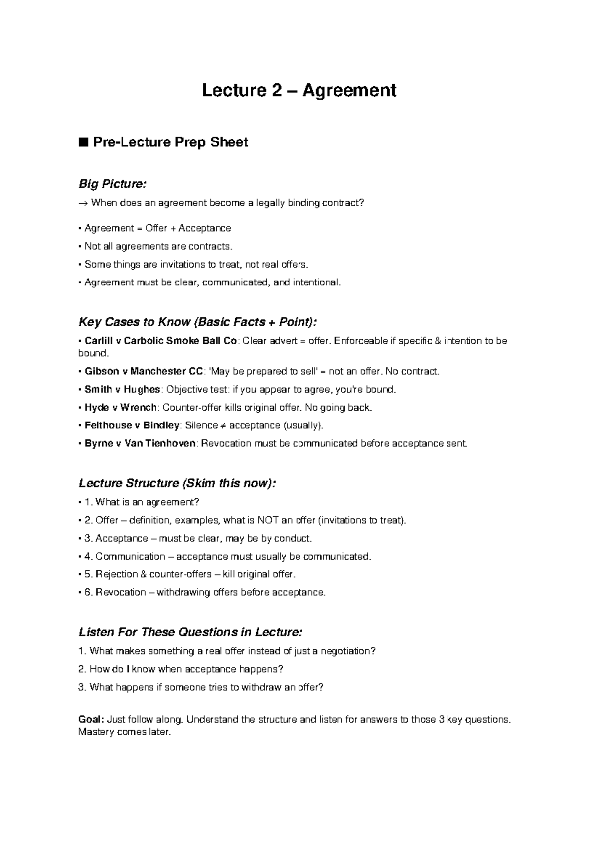 Lecture 2 - Agreement Prep Sheet: Understanding Binding Contracts - Studocu