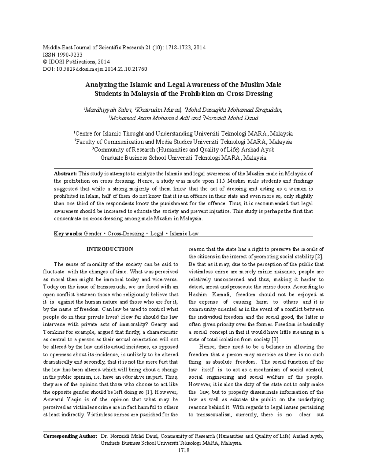 Analyzing the Islamic and Legal Awarenes - Middle-East Journal of ...
