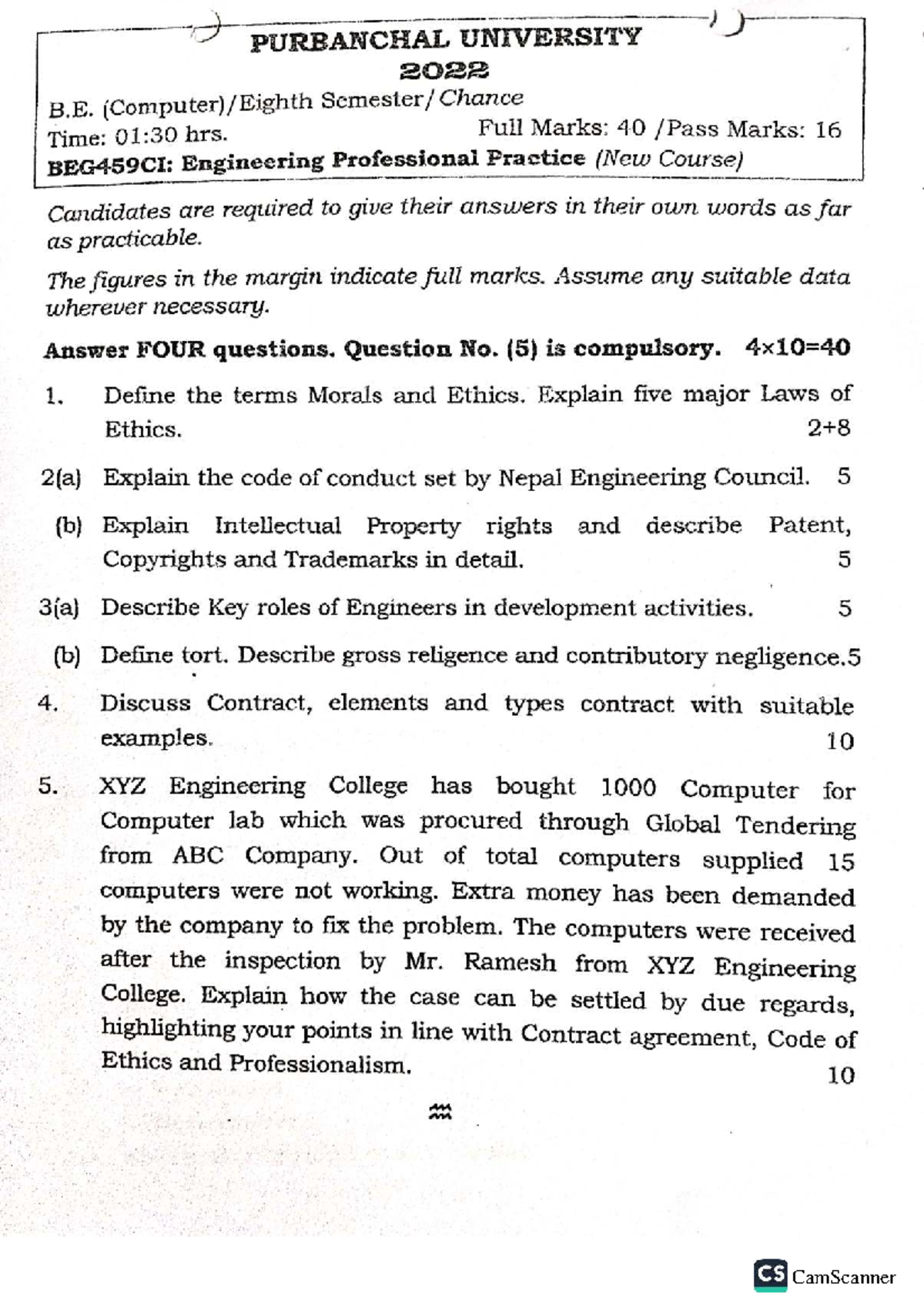 BEG459CI: Engineering Professional Practice - Old Exam Questions - Studocu