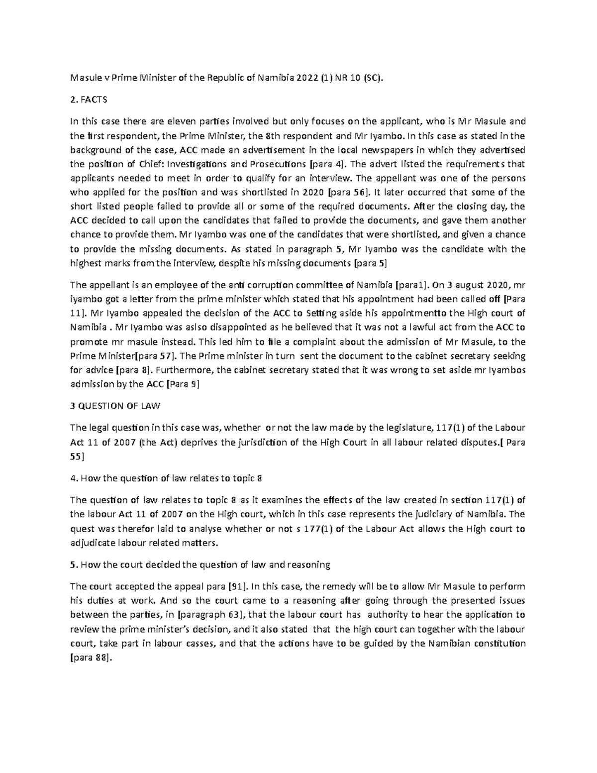 Workshop 8(1) Case Review: Masule v Prime Minister of Namibia - Studocu