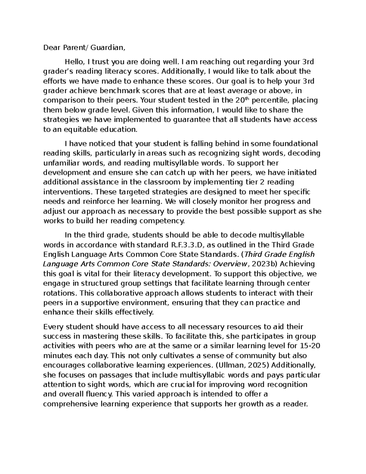 Week 6 - Writing Letter to Parents on 3rd Grade Literacy Support - Studocu