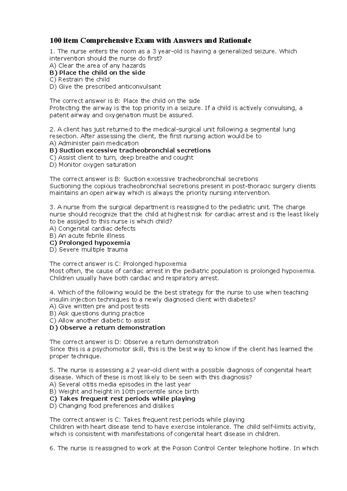 Comprehensive Nursing Exam Review: 100 Questions & Answers (NUR 101 ...