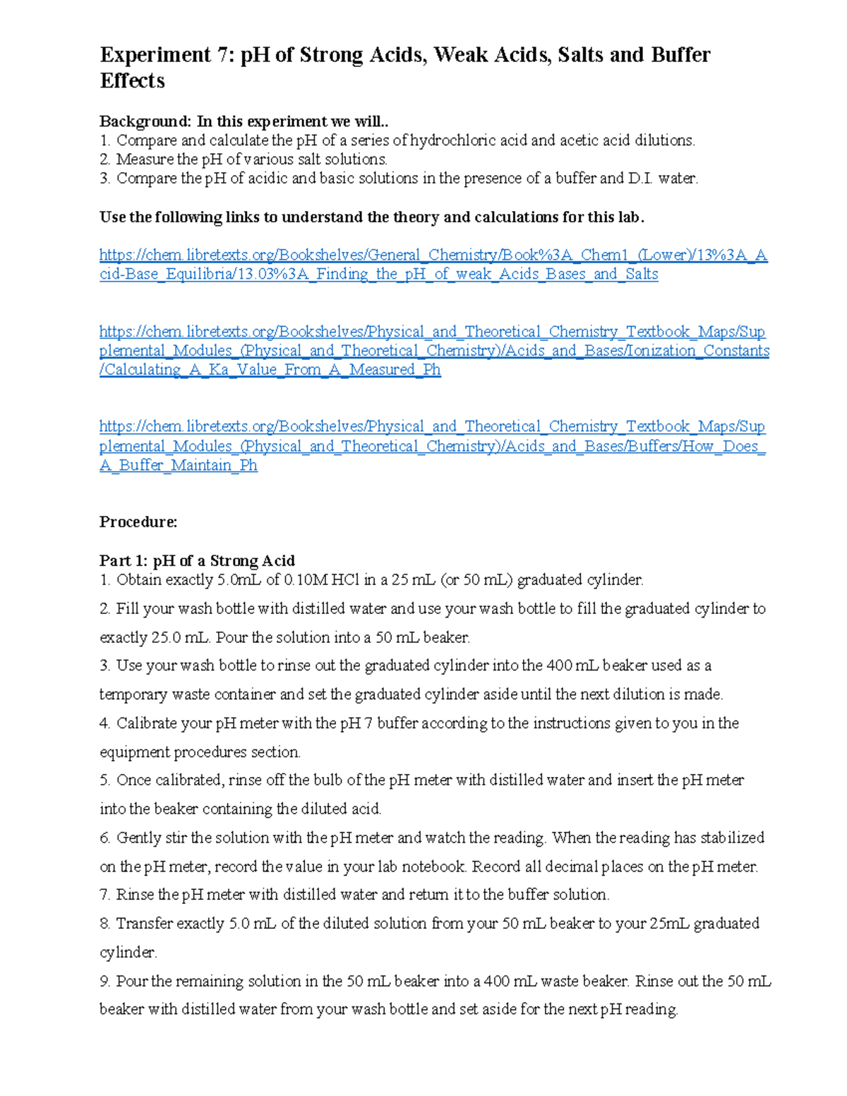 Experiment 7: pH Analysis of Strong/Weak Acids & Buffers Lab - Studocu