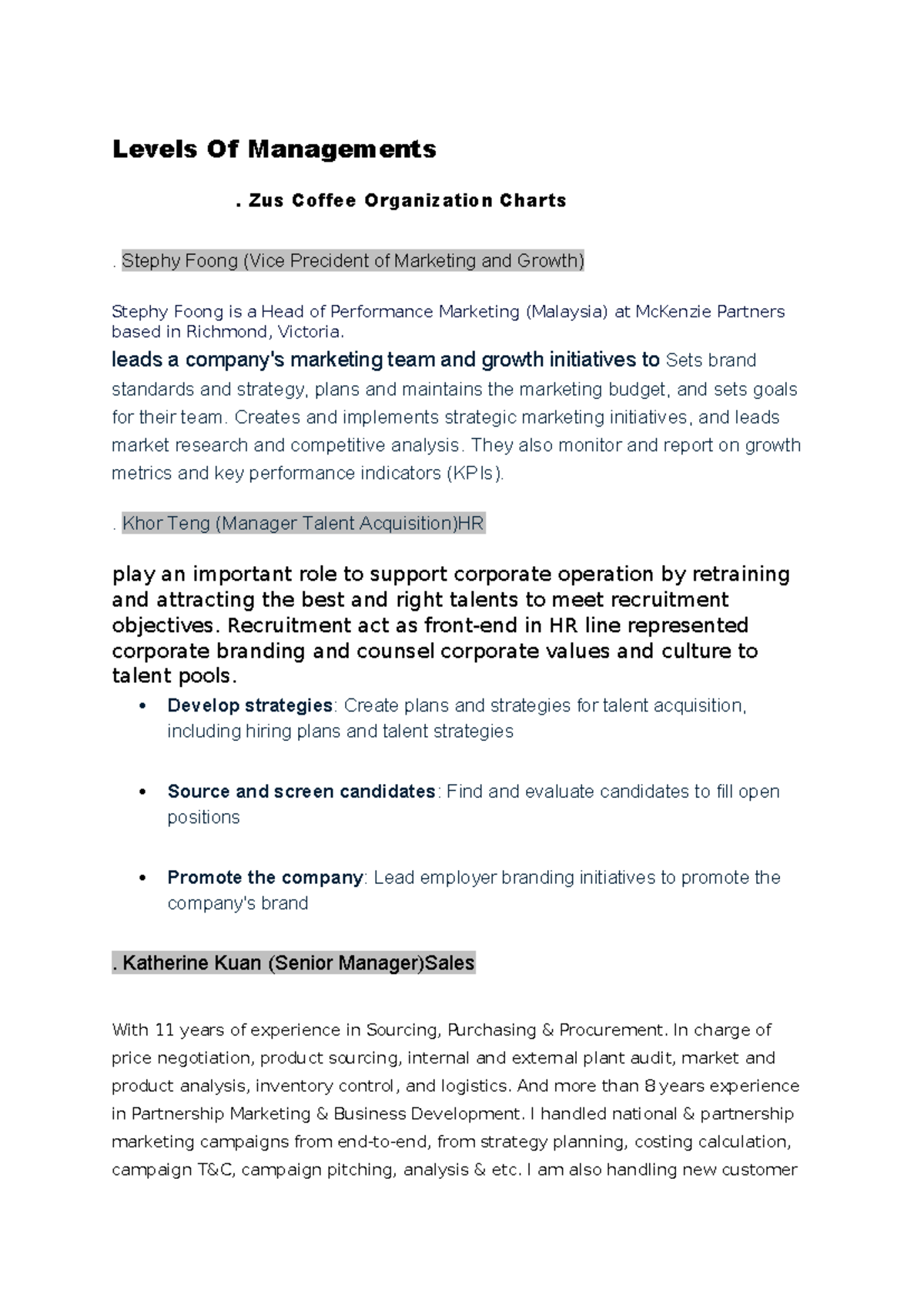 Levels of Management and Key Roles in Zus Coffee Org Structure - Studocu
