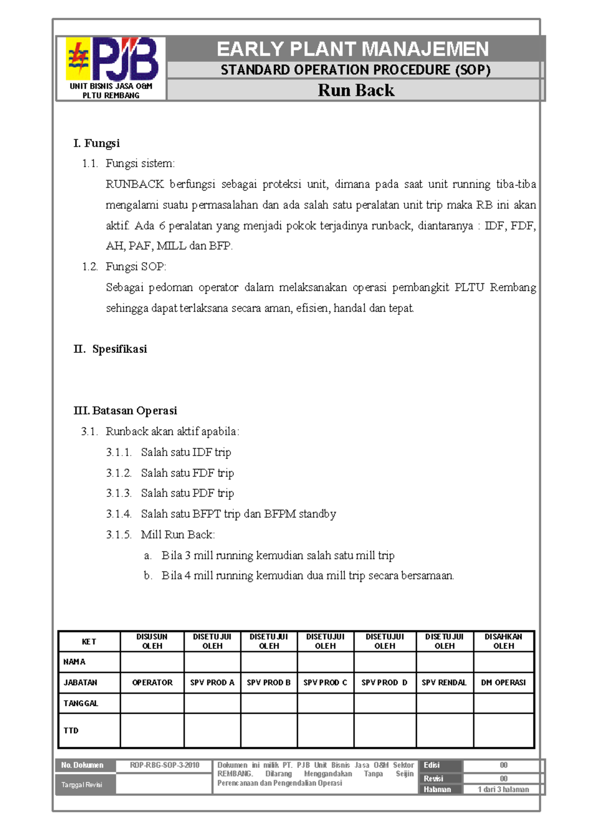 SOP PLTU Rembang: Run Back Procedure - ROP-RBG-SOP-3-2010 - Studocu