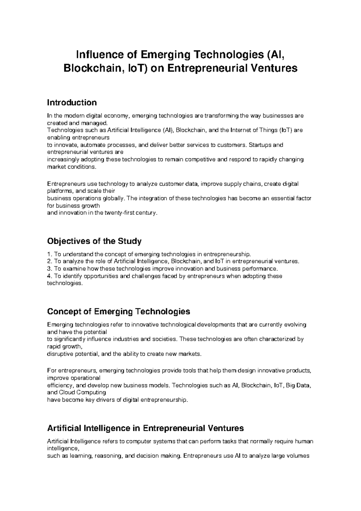 Emerging Technologies in Entrepreneurship: AI, Blockchain & IoT Report ...