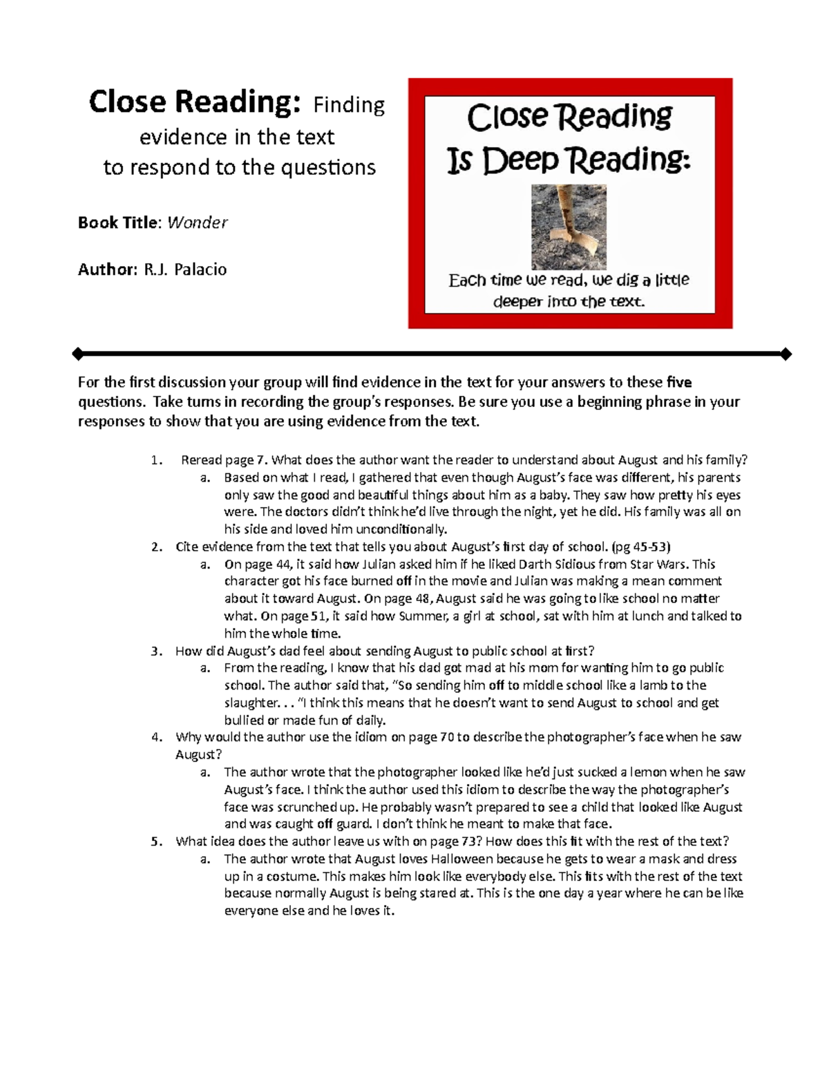 Close Reading Literature Circle: Evidence from "Wonder" (R.J. Palacio ...