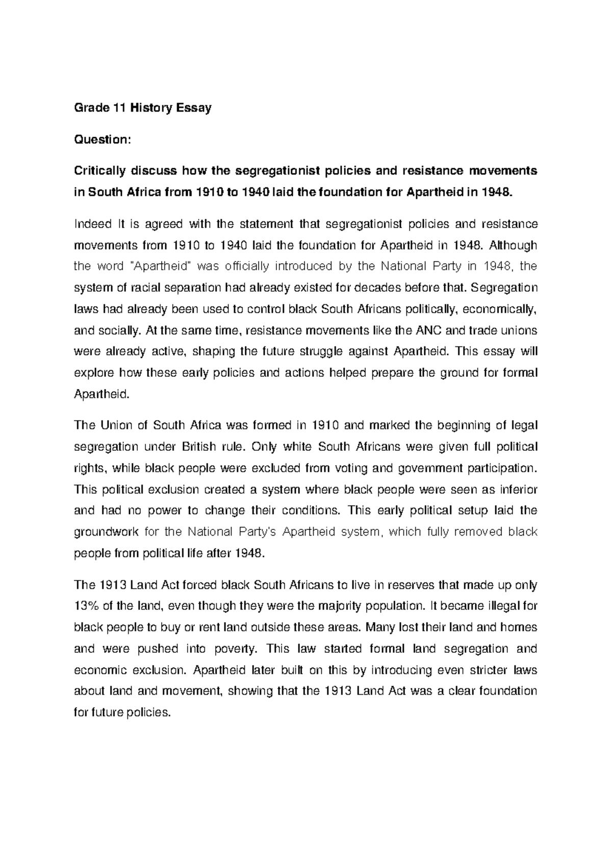 Grade 11 History Term 3 Essay: Segregation and Resistance in SA (1910 ...