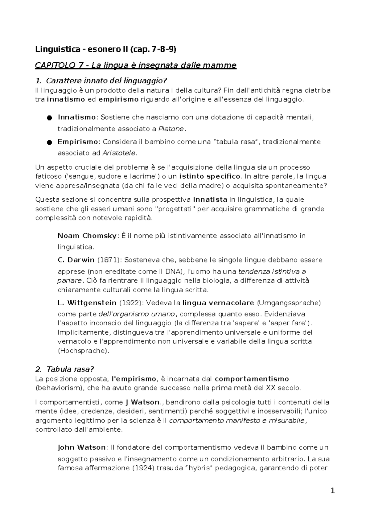 Linguistica Esonero II: Cap. 7 - Innatismo vs. Empirismo nel Linguaggio ...