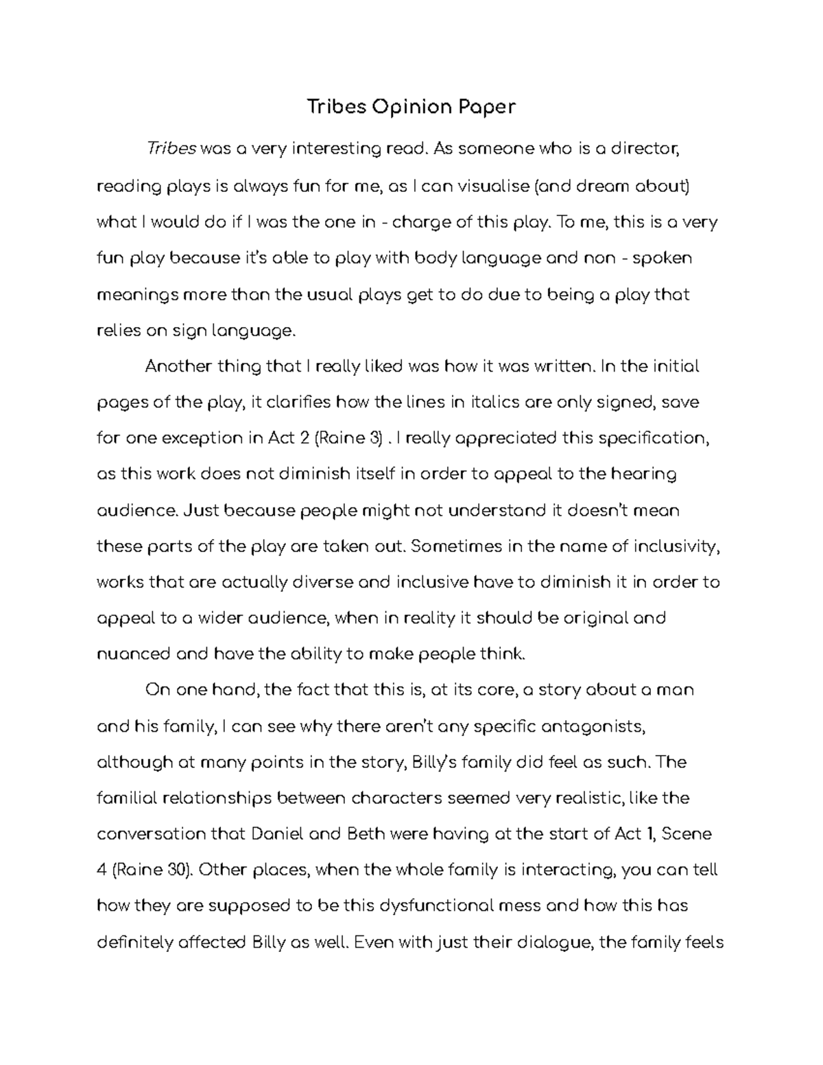 Tribes (ENG 101) Opinion Paper: Exploring Family Dynamics and Deaf ...