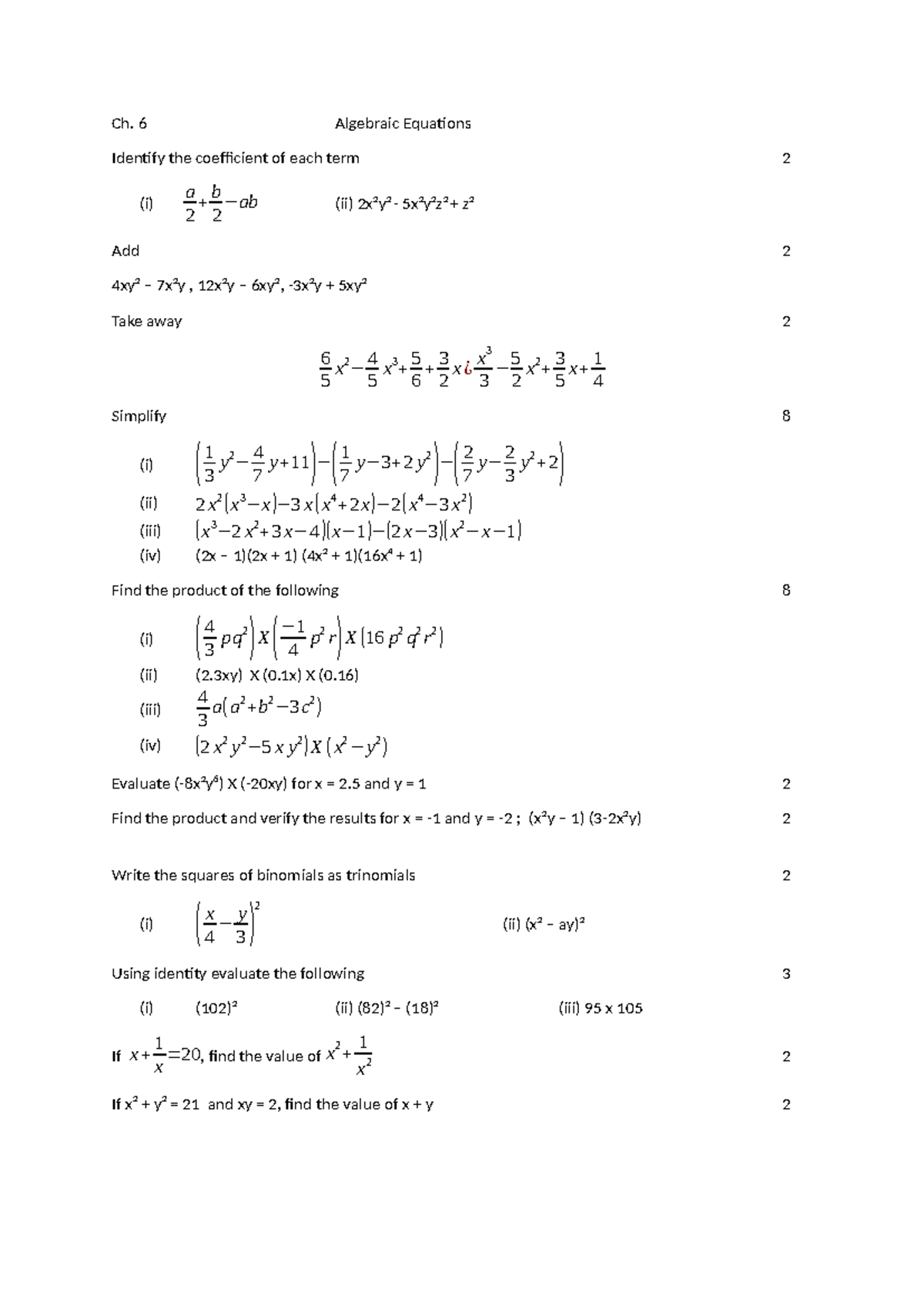 Algebraic identities - Ch. 6 Algebraic Equations Identify the ...