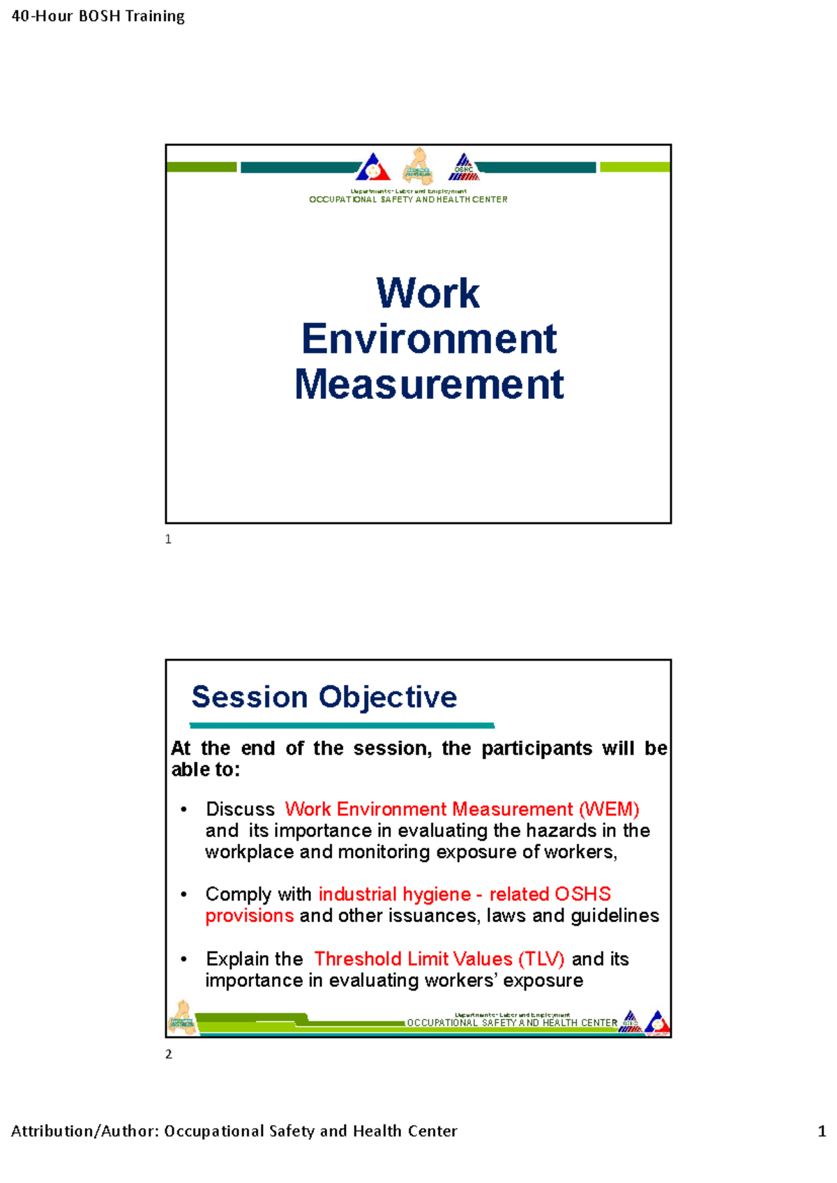 Day 2 Module 2-2A: Work Environment Measurement Overview and Goals ...
