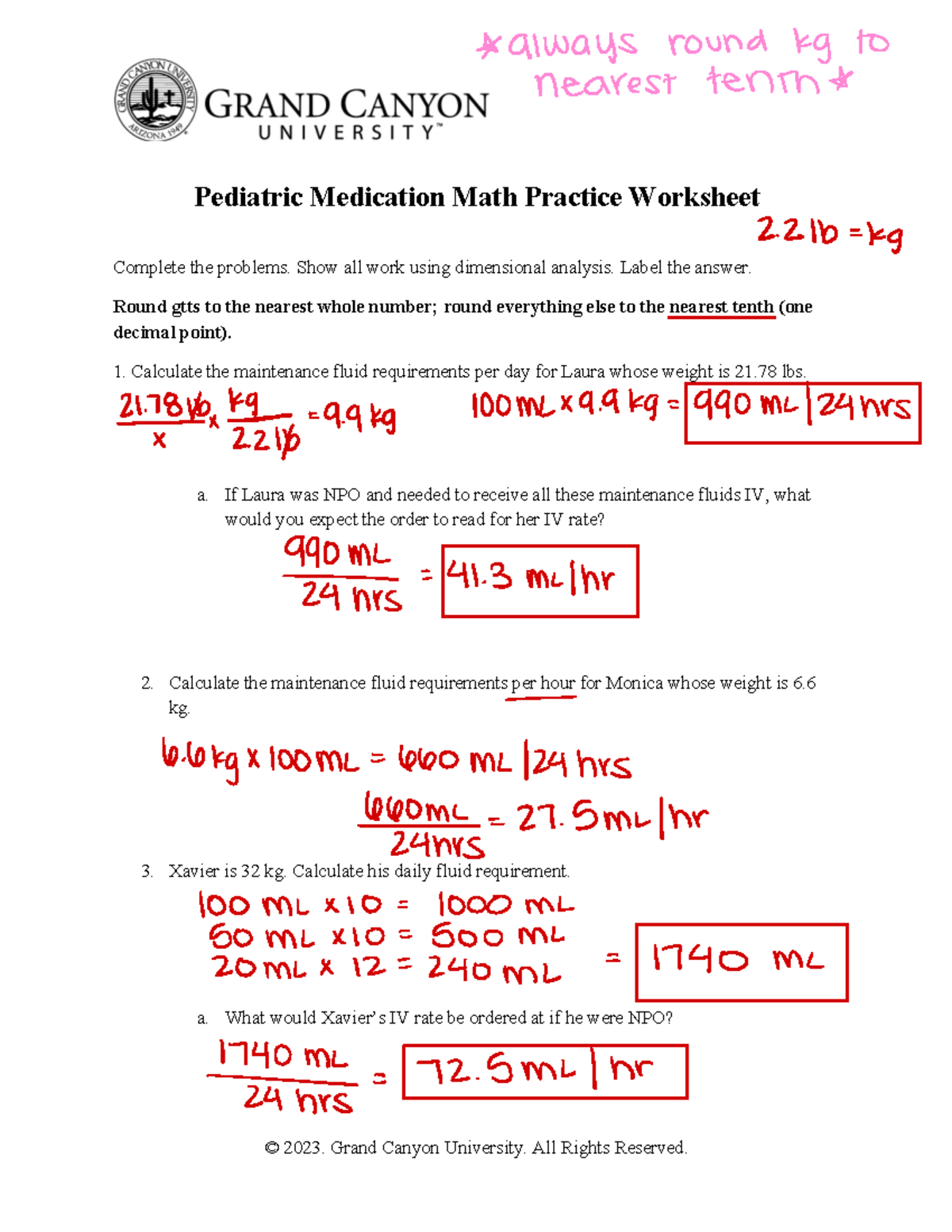 Pediatrics Med Math Practice Worksheet: IV Fluid Calculations - Studocu