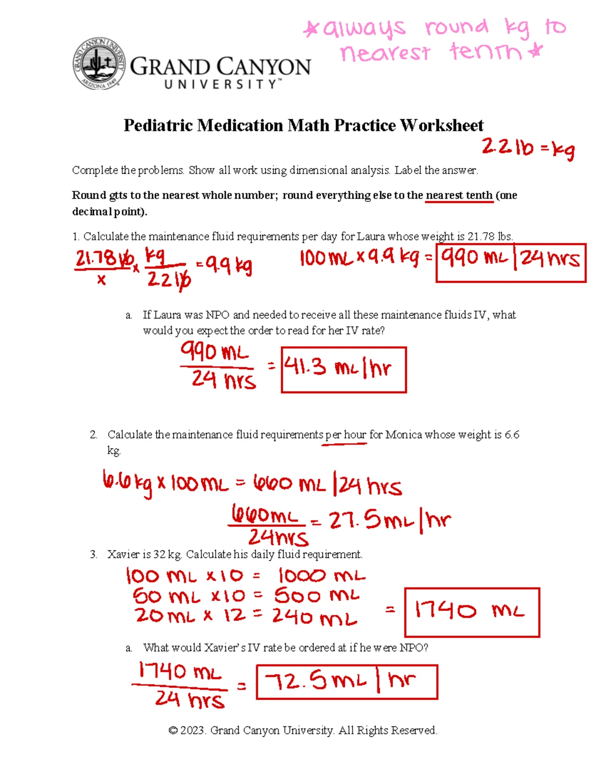 Pediatric Medication Math Practice Worksheet - © 2023. Grand Canyon ...