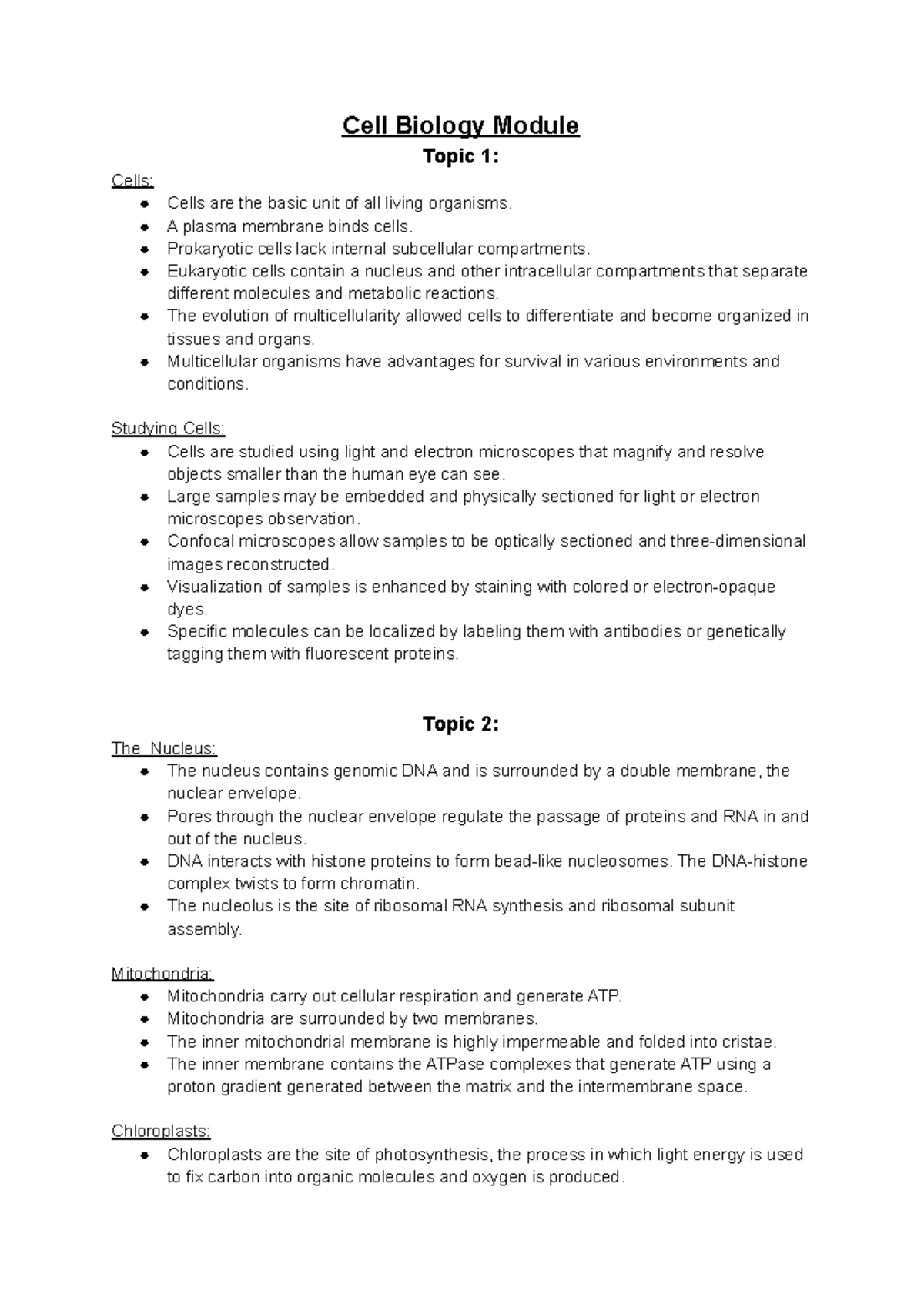 Biology Lecture Notes - Cell Biology Module Topic 1: Cells: Cells are ...