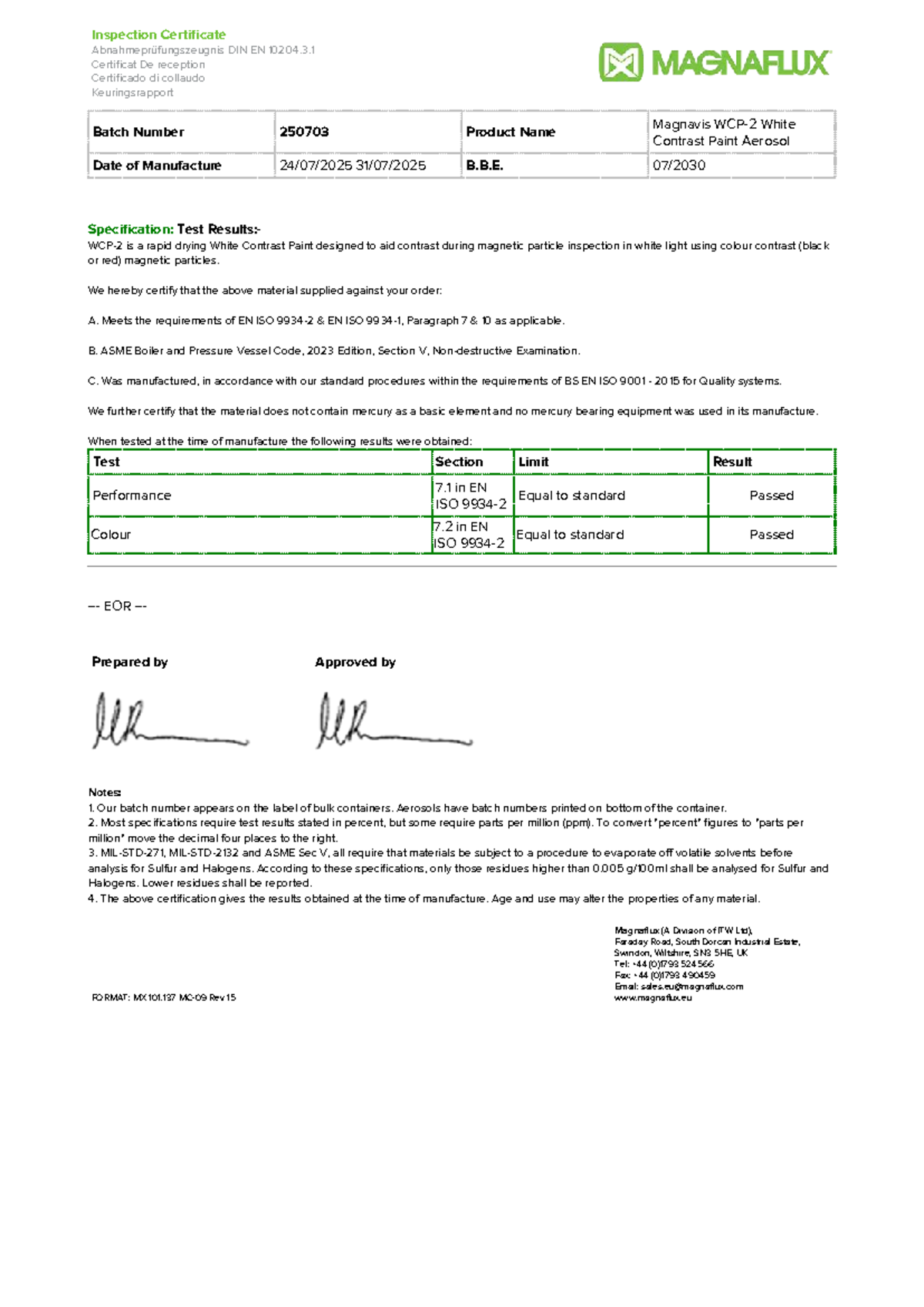 Inspection Certificate for Batch 250703: Magnavis White Contrast Paint ...