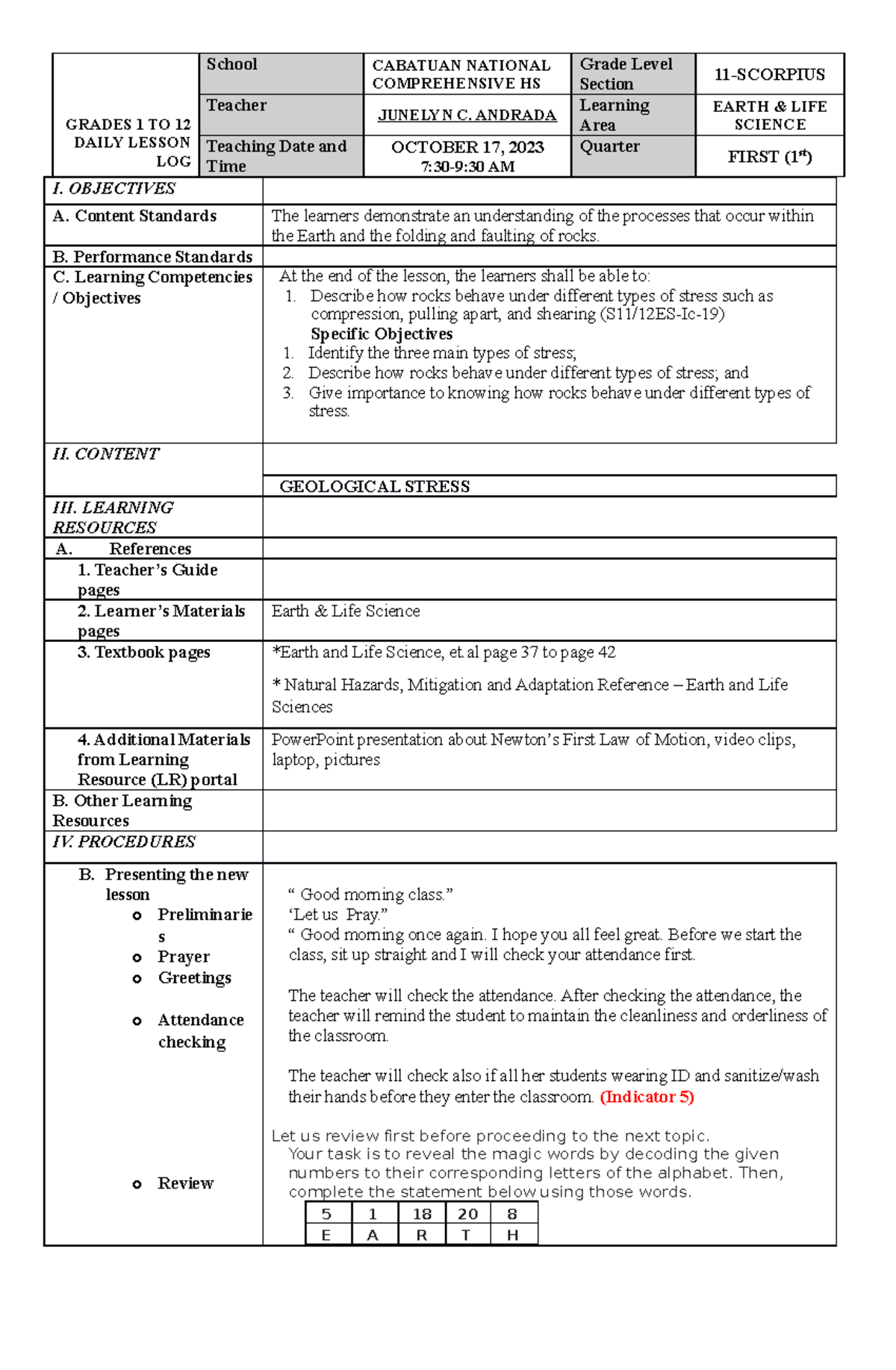 Grade 11 Earth & Life: Lesson Plan on Geological Stress Principles ...