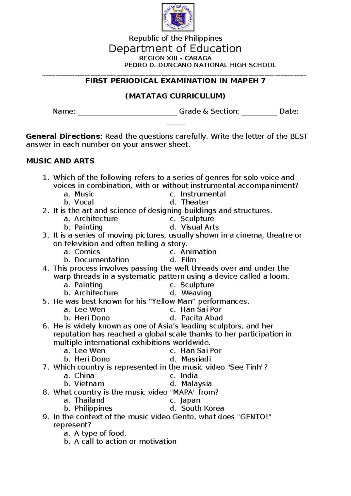 1ST Periodical TEST MAPEH 7 Matatag - Questionnaire & Answers - Studocu