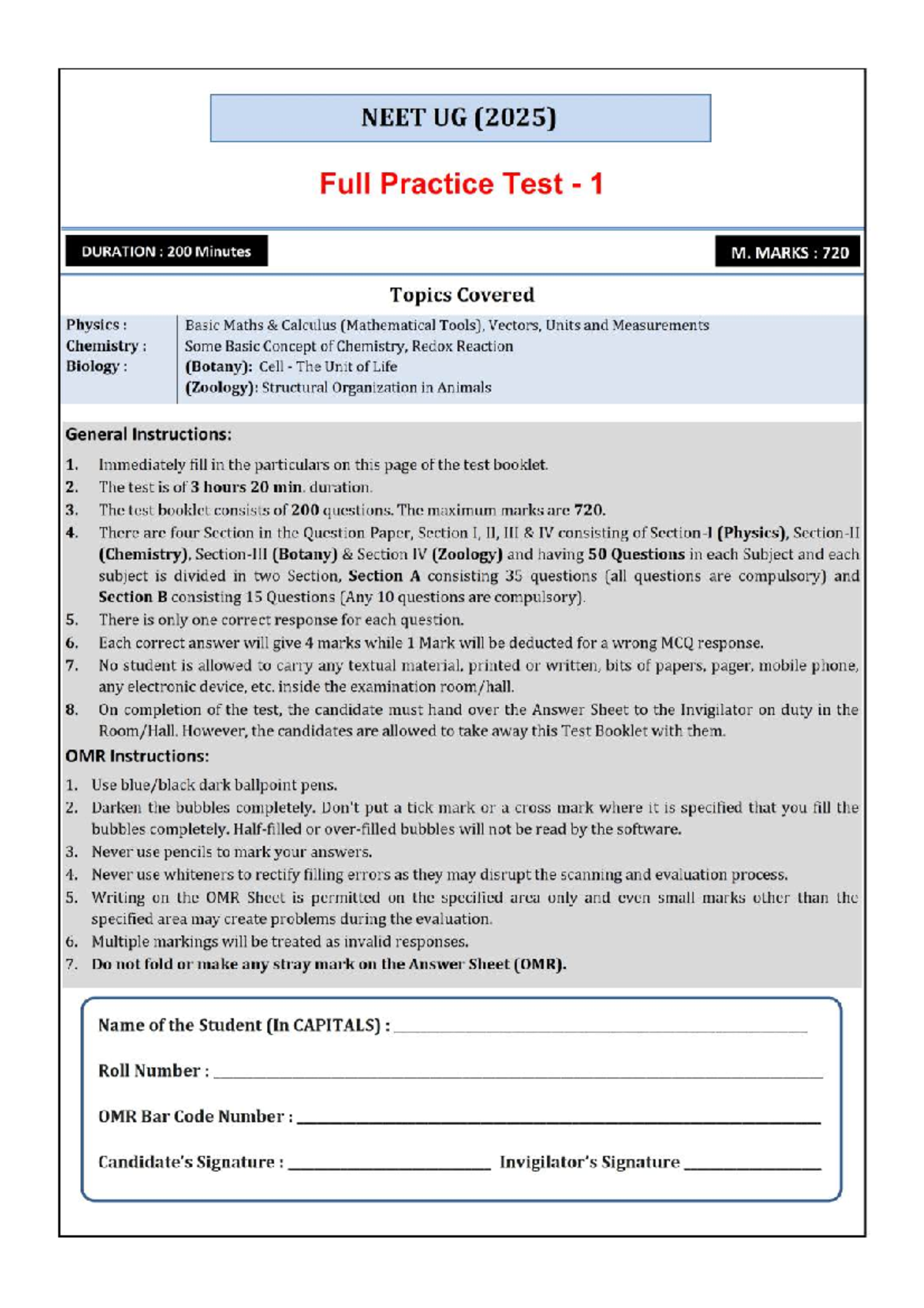 NEET UG (2025) Full Practice Test 1: Physics, Chemistry & Biology - Studocu
