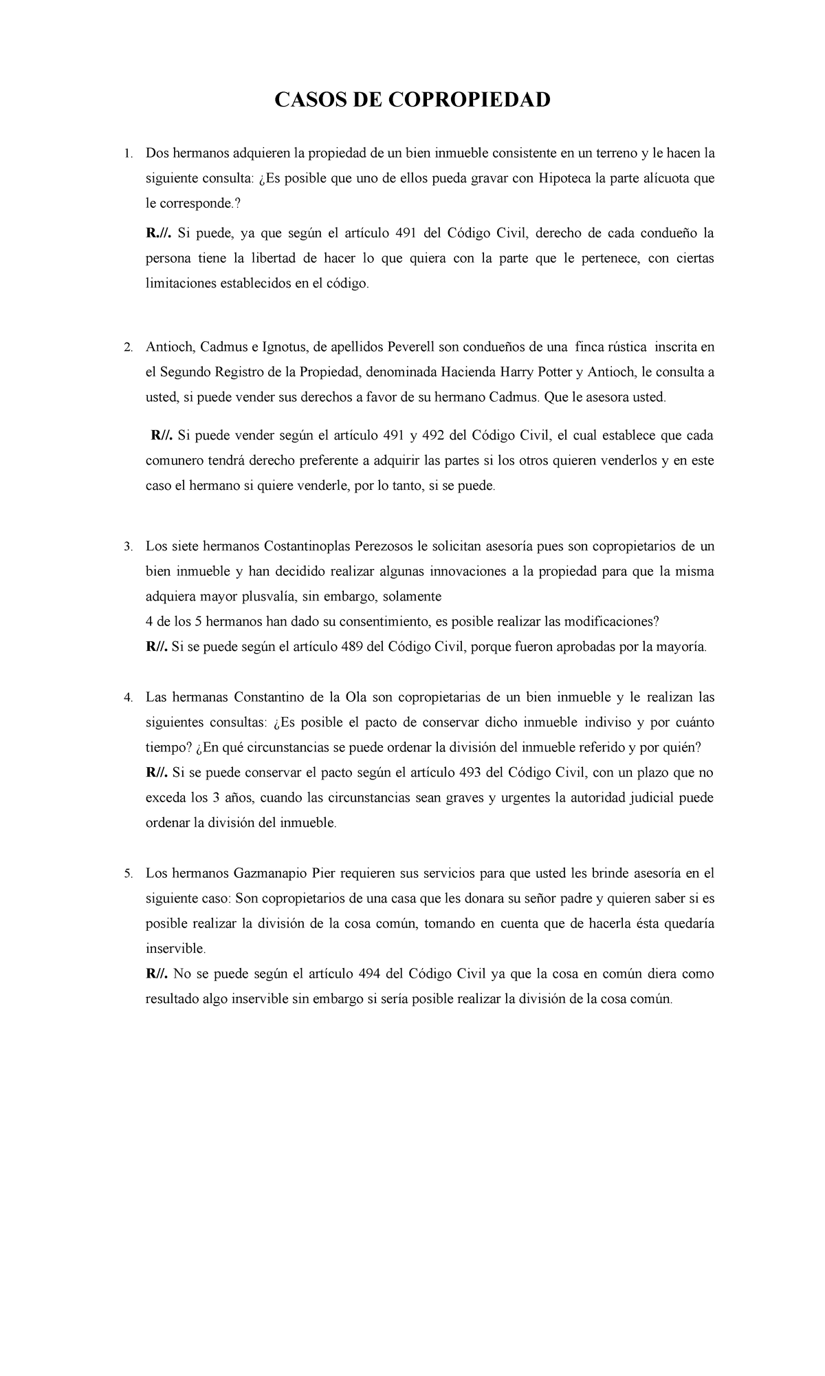 Casos de Copropiedad: Análisis Legal según el Código Civil - Studocu
